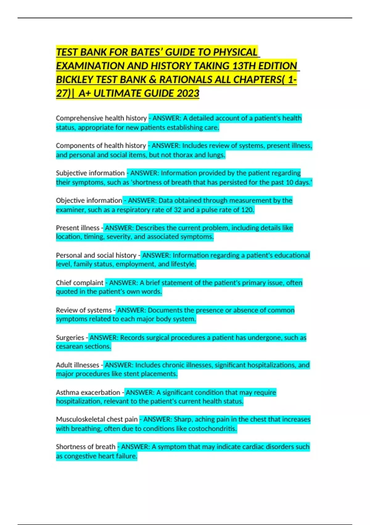 TEST BANK FOR BATES’ GUIDE TO PHYSICAL EXAMINATION AND HISTORY TAKING ...