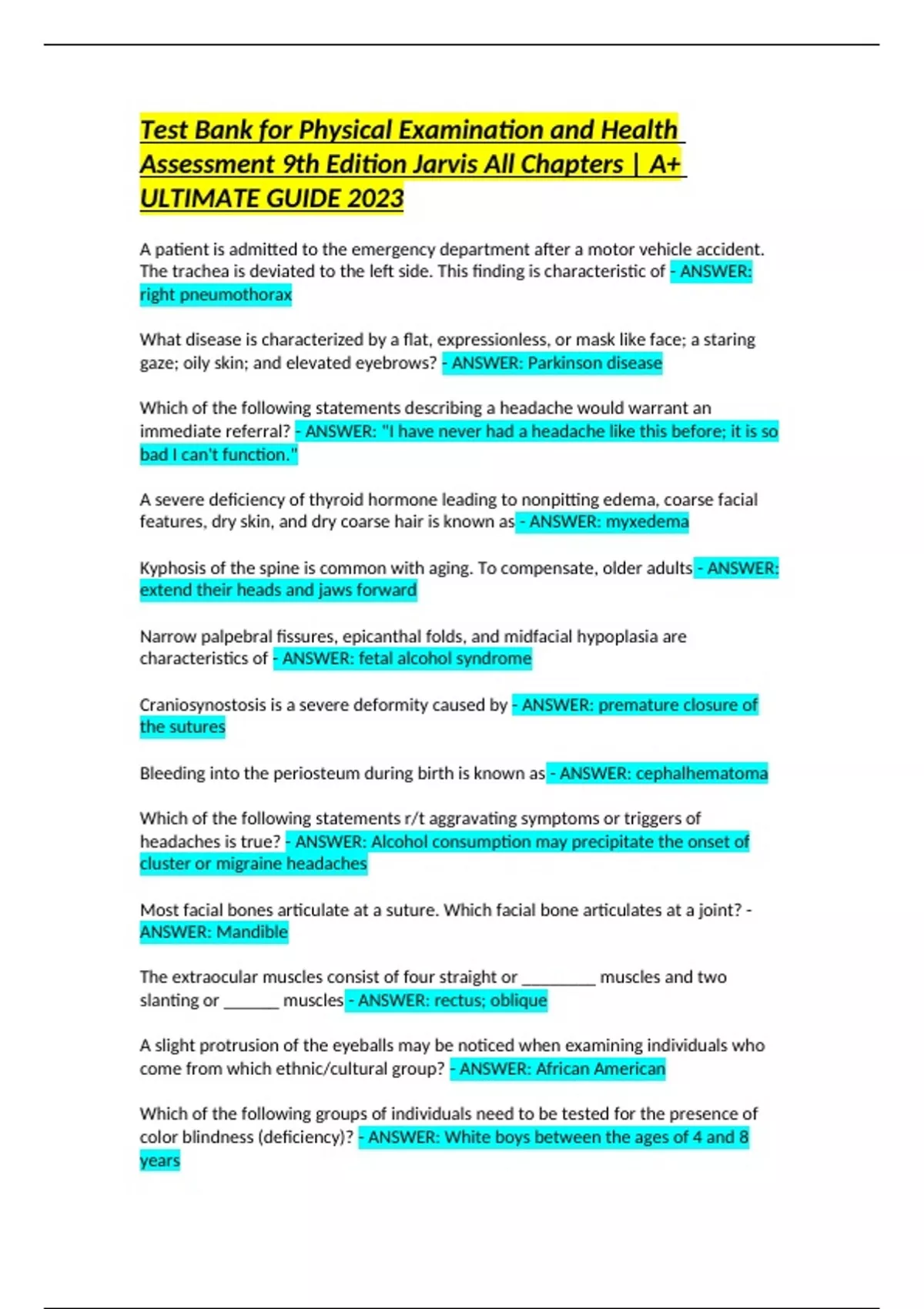 Test Bank for Physical Examination and Health Assessment 9th Edition ...