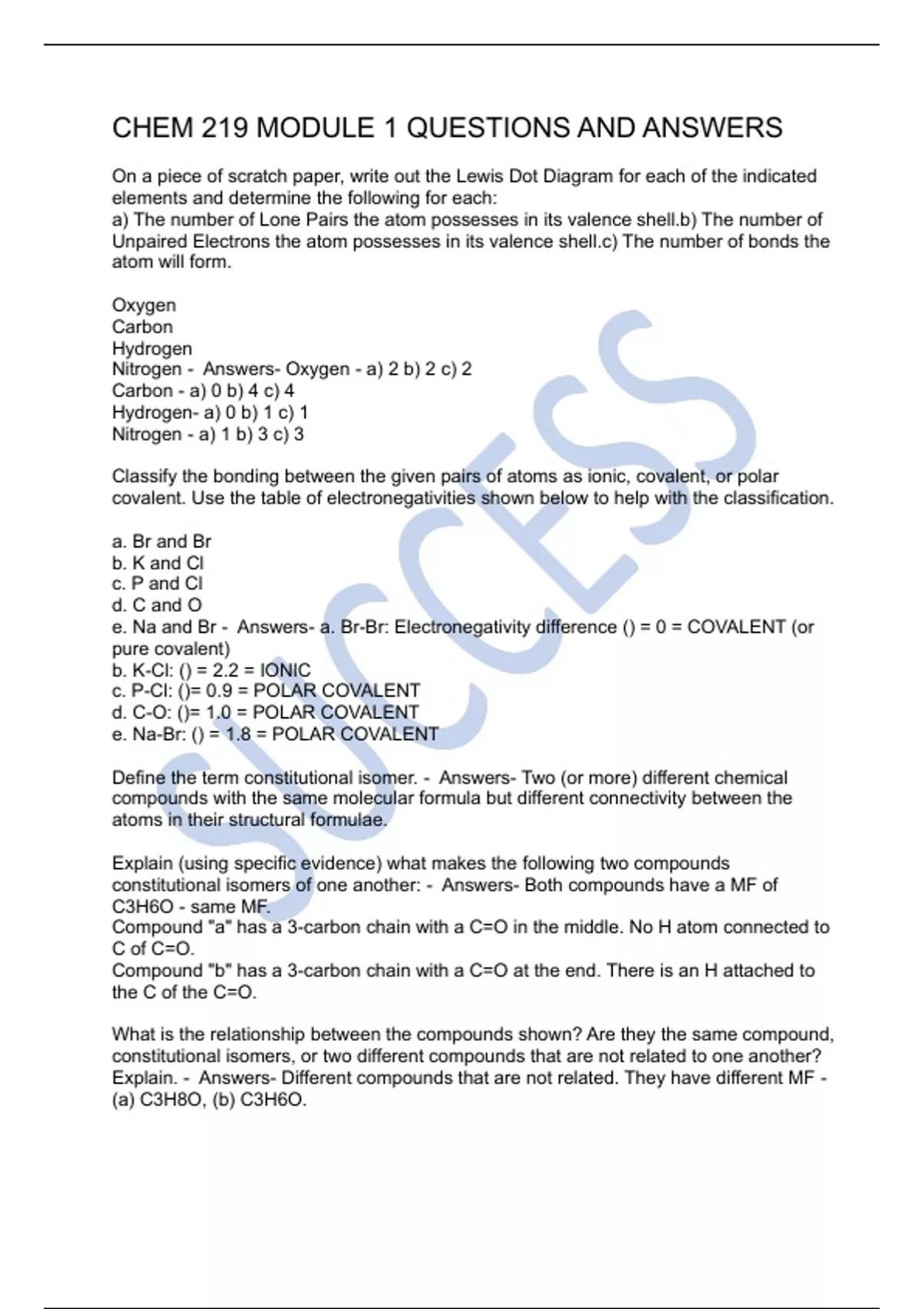 CHEM 219 MODULE 1 QUESTIONS AND ANSWERS - CHEM 219 - Stuvia US
