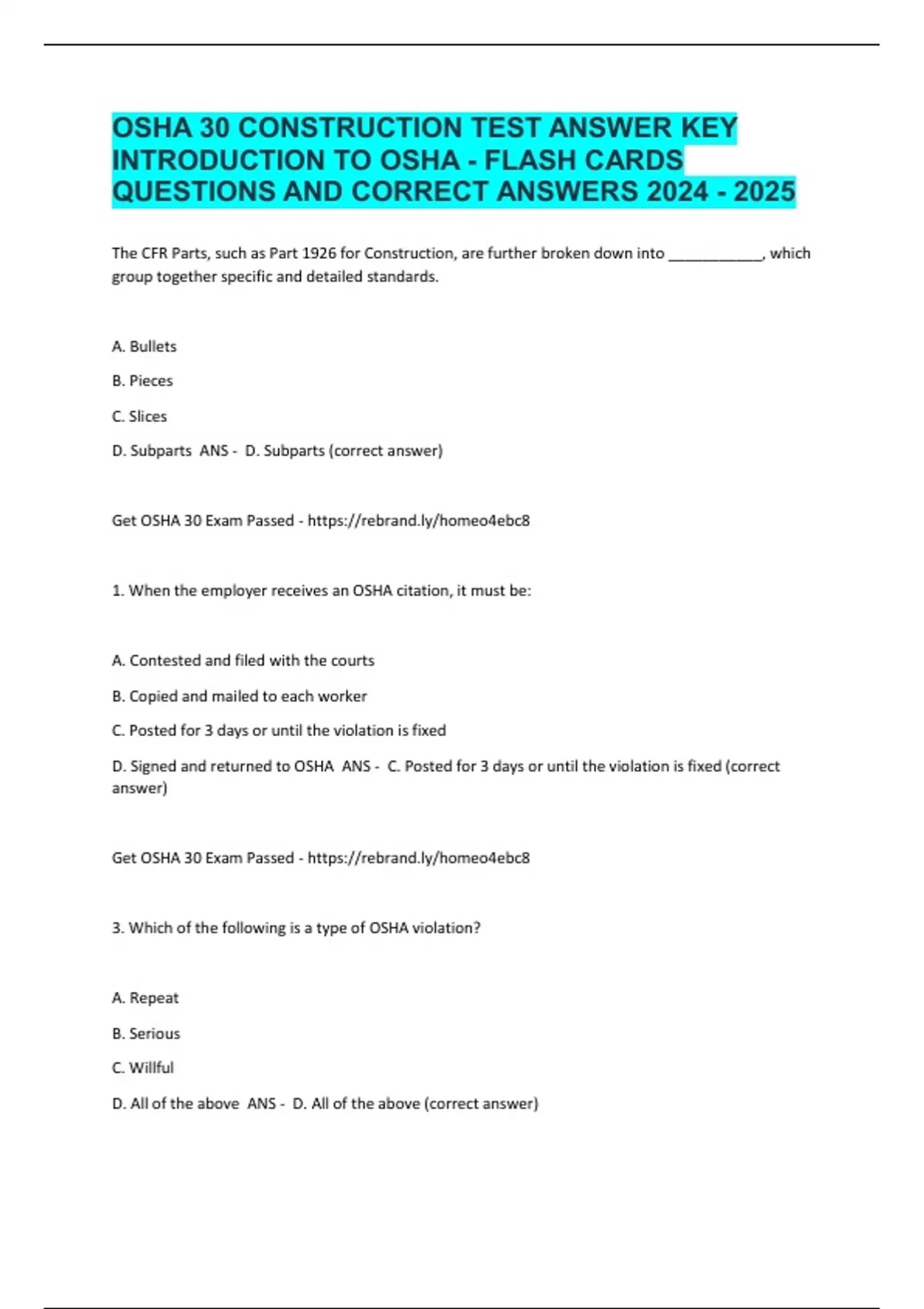 OSHA 30 CONSTRUCTION TEST ANSWER KEY INTRODUCTION TO OSHA - FLASH CARDS ...