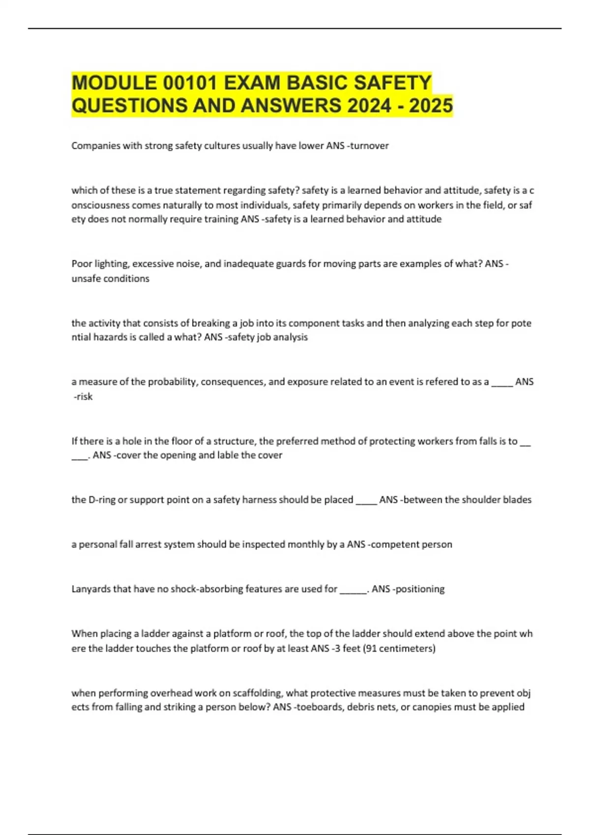 MODULE 00101 EXAM BASIC SAFETY QUESTIONS AND ANSWERS - OSHA - Stuvia US