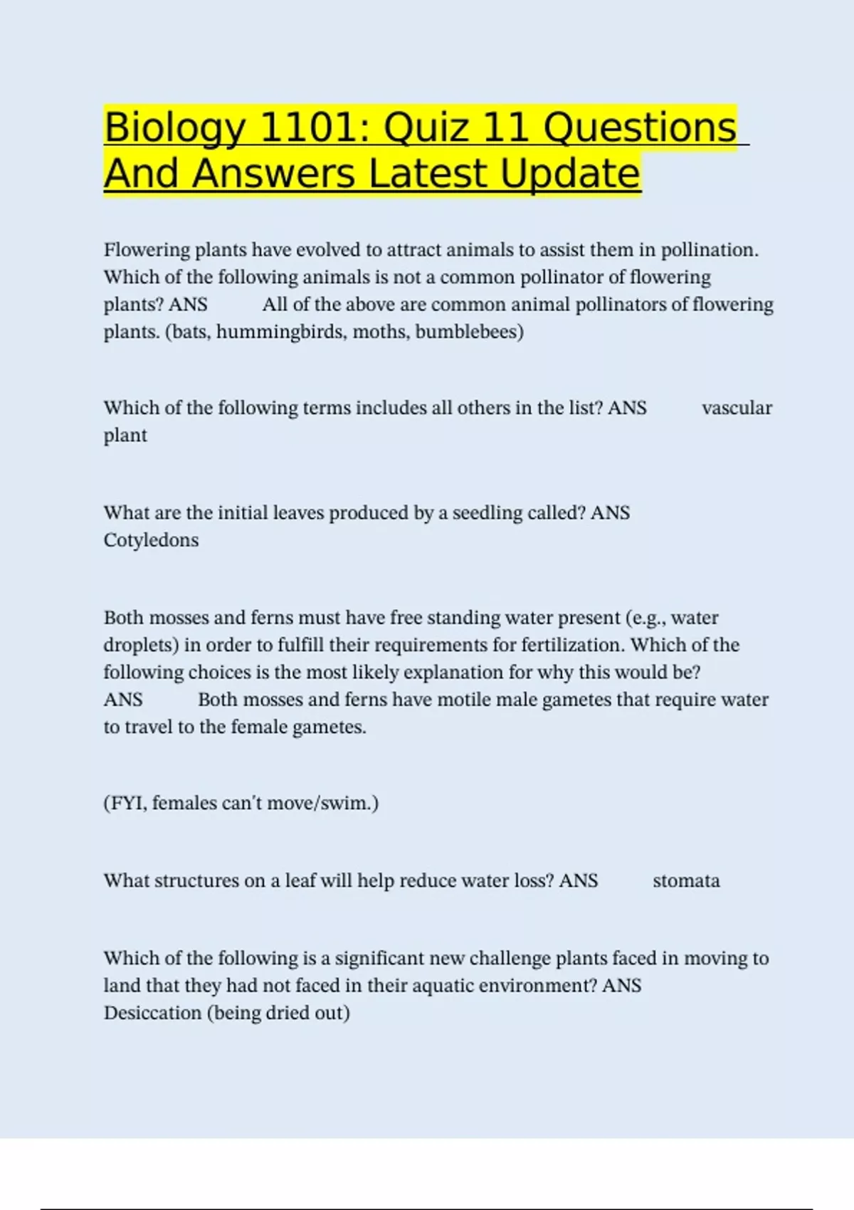 Biology 1101 Quiz 11 Questions And Answers Latest Update - BIO 1101 ...