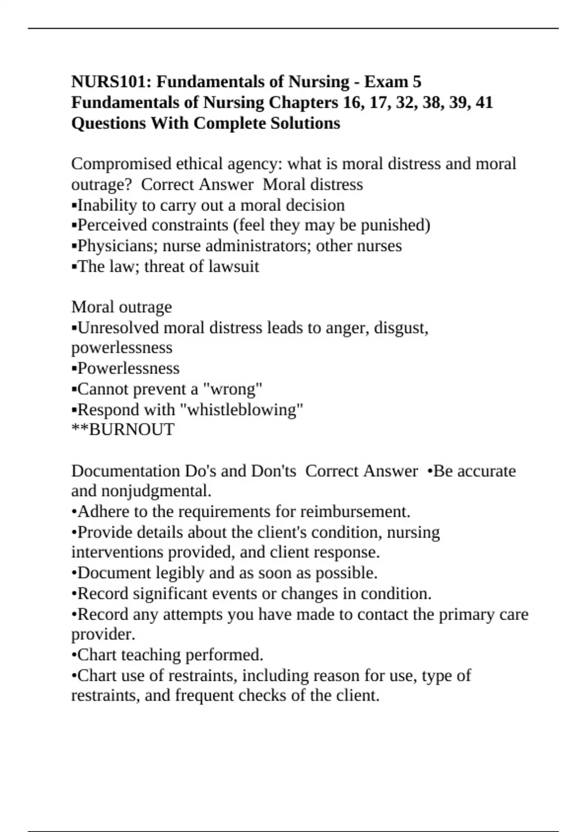 NURS 101 Davenport University -NURS101: Fundamentals of Nursing - Exam ...