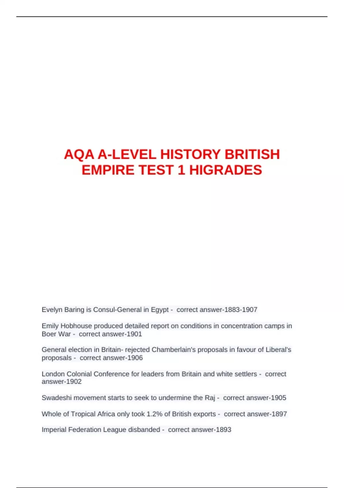 AQA A-LEVEL HISTORY BRITISH EMPIRE TEST 1 HIGRADES. - AQA - Stuvia US