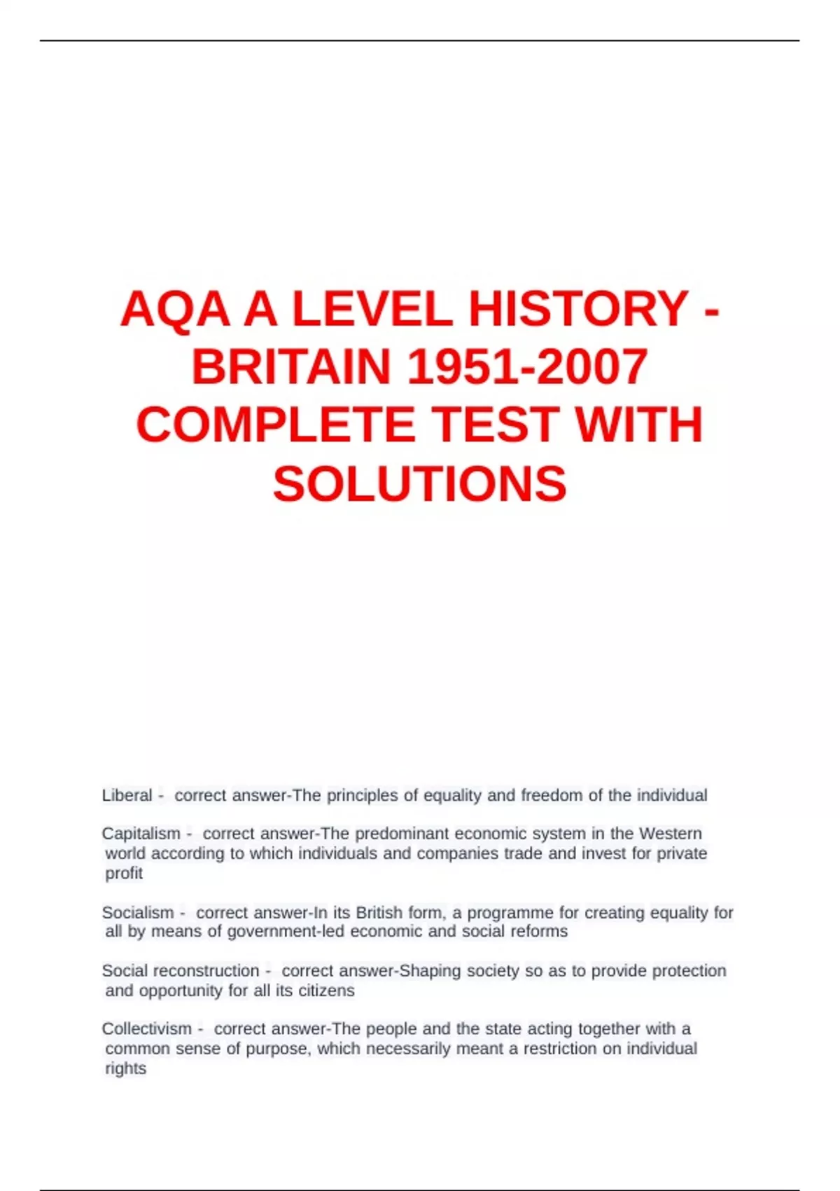 AQA A LEVEL HISTORY - BRITAIN COMPLETE TEST WITH SOLUTIONS - AQA ...