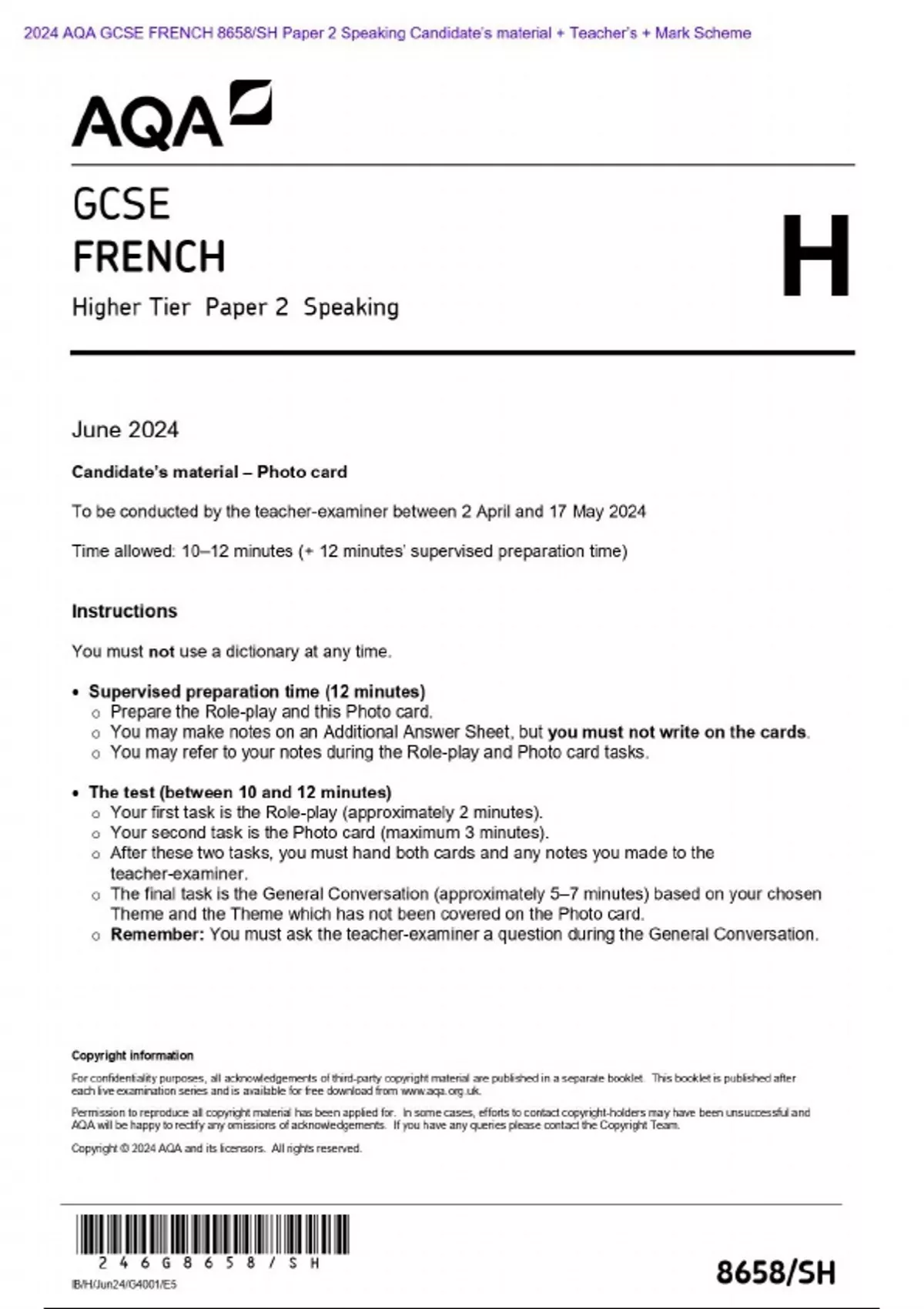 Actual 2024 AQA GCSE FRENCH 8658/SH Paper 2 Speaking Higher Merged ...