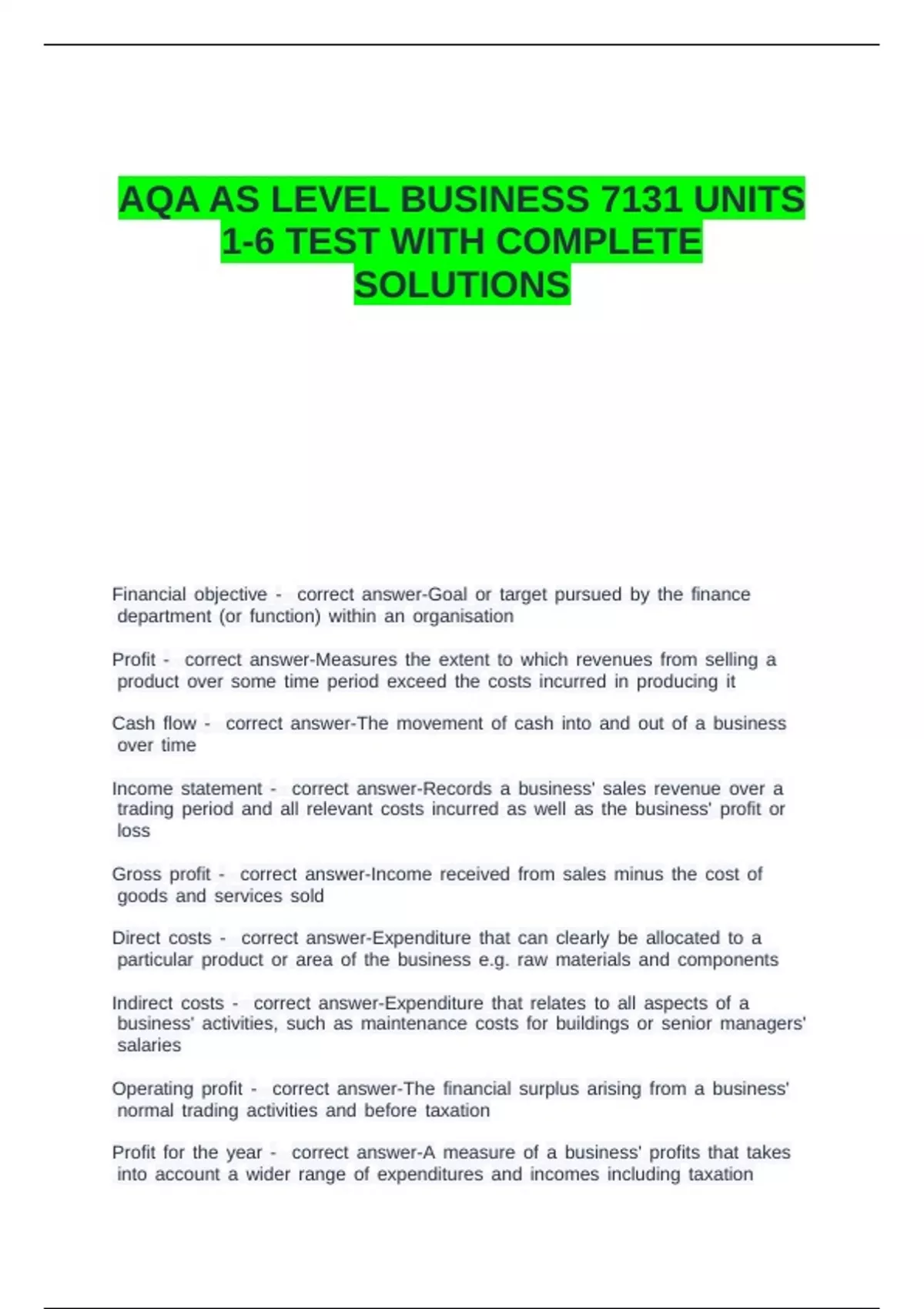 AQA AS LEVEL BUSINESS 7131 UNITS 1-6 TEST WITH COMPLETE SOLUTIONS - AQA ...