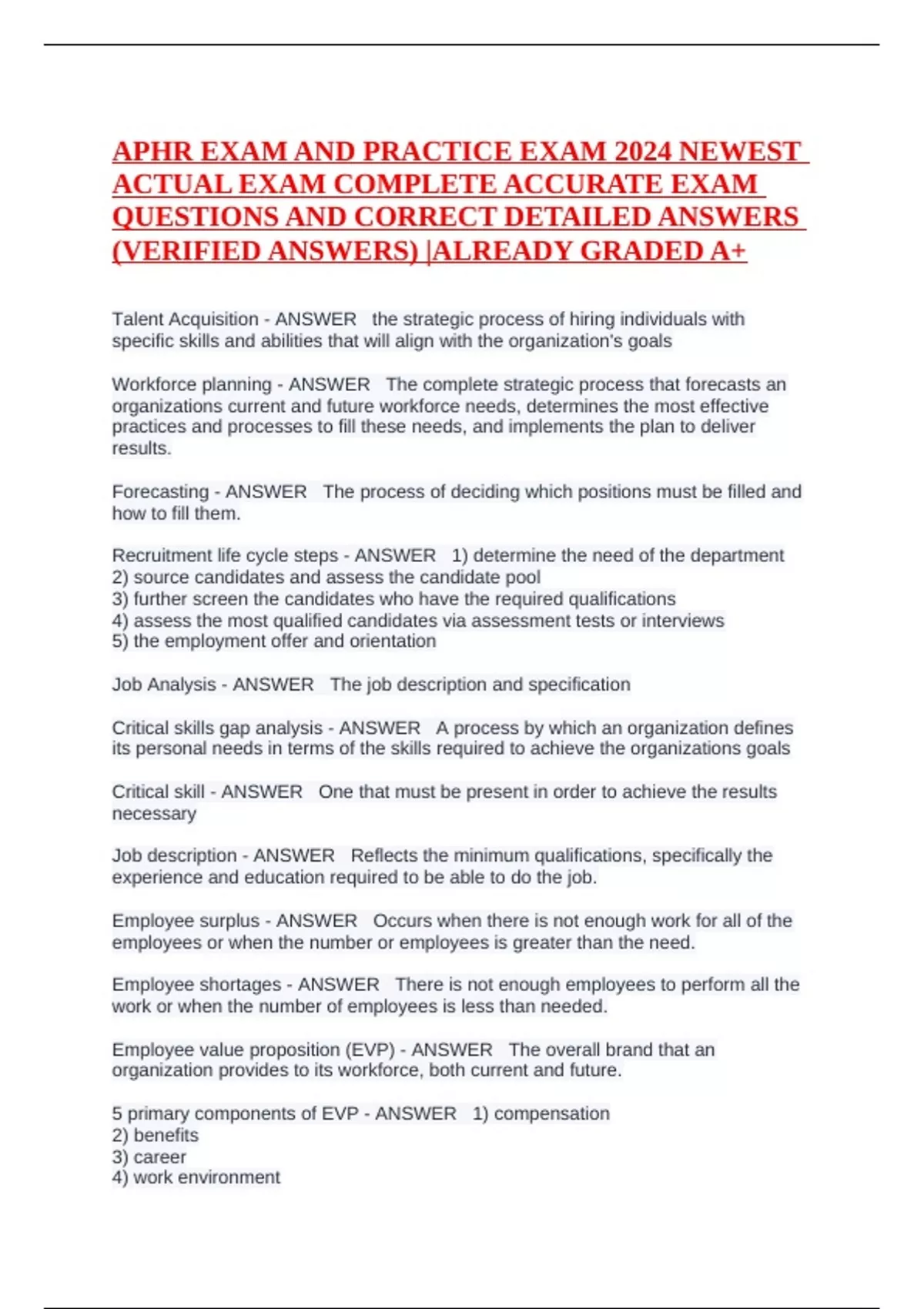 APHR EXAM AND PRACTICE EXAM 2024 NEWEST ACTUAL EXAM COMPLETE ACCURATE EXAM QUESTIONS AND CORRECT ...