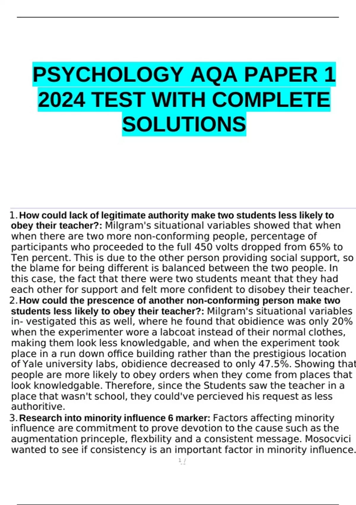 PSYCHOLOGY AQA PAPER 1 2024 TEST WITH COMPLETE SOLUTIONS - AQA A ...