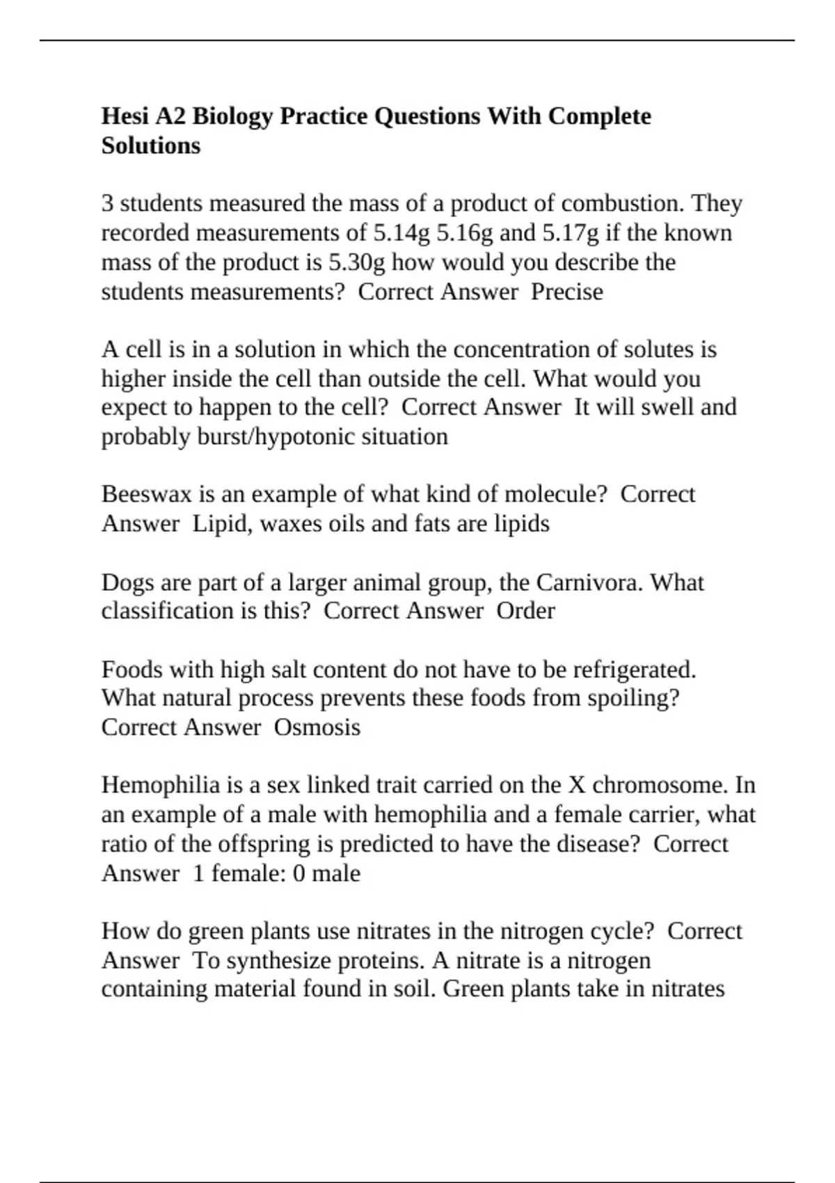 Hesi A2 Biology Practice Questions With Complete Solutions - Hesi A2 ...