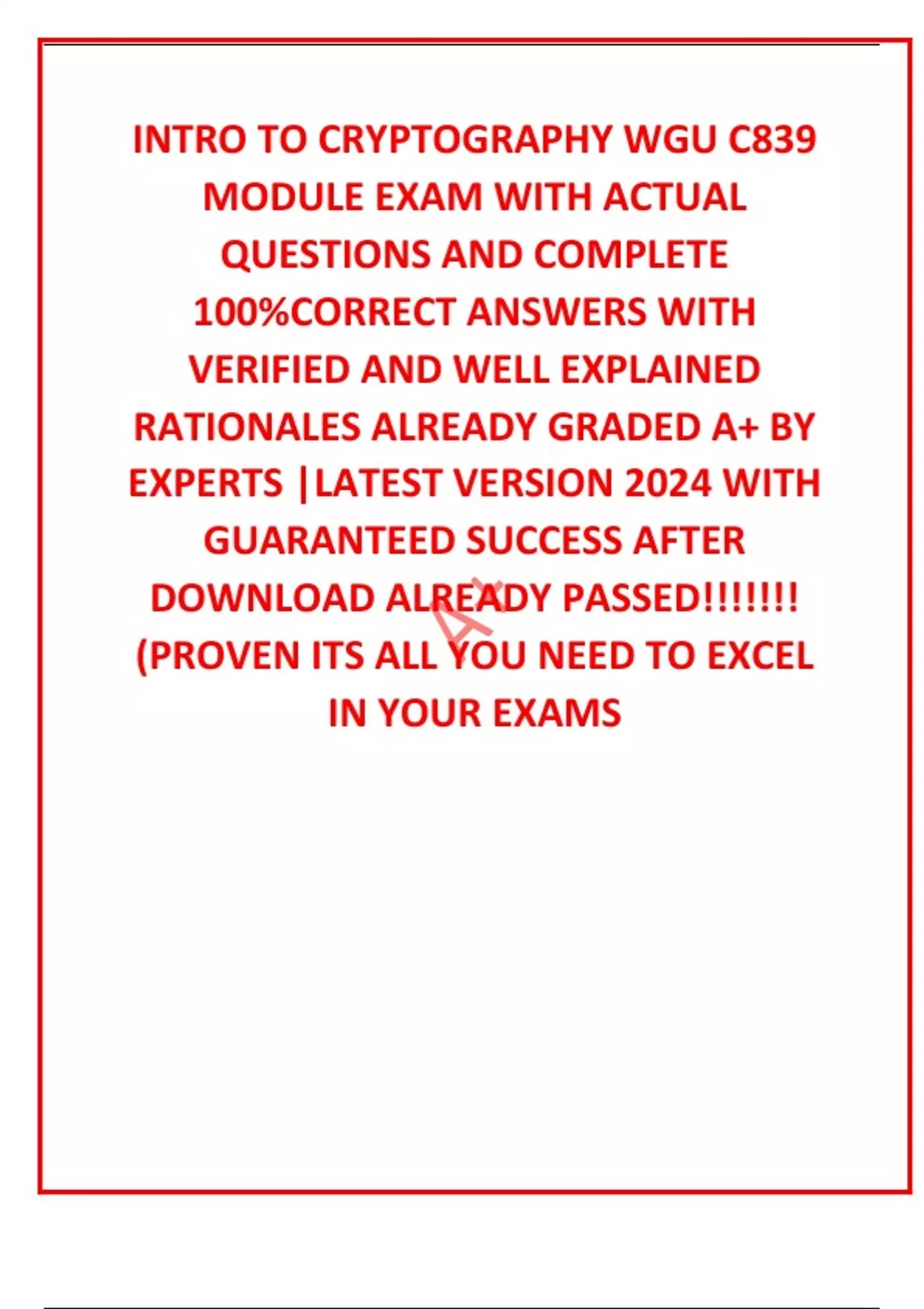 INTRO TO CRYPTOGRAPHY WGU C839 MODULE EXAM WITH ACTUAL QUESTIONS AND COMPLETE 100%CORRECT ...