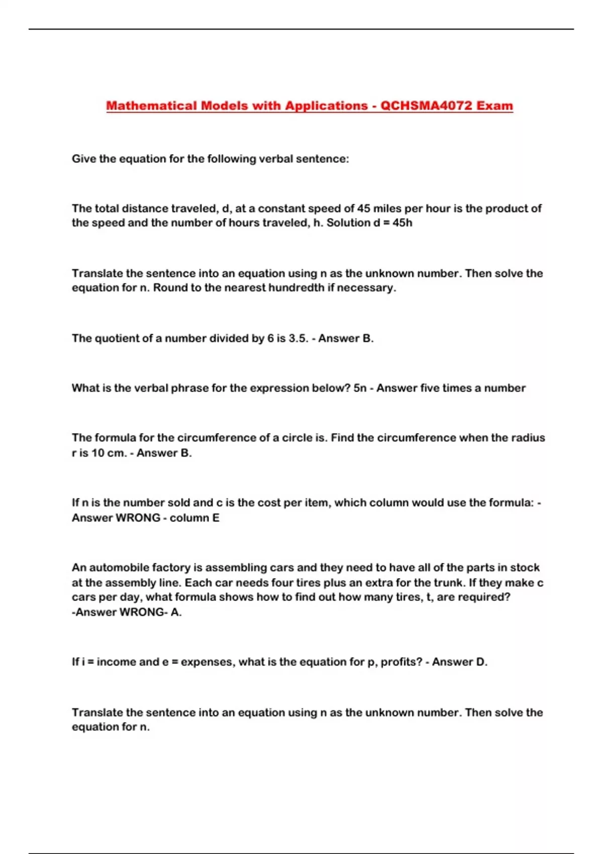 Mathematical Models with Applications - QCHSMA4072 Exam - Mathematical ...