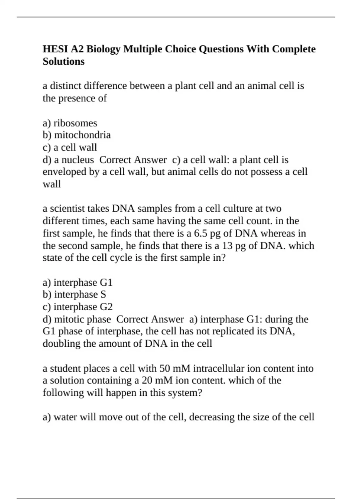 HESI A2 Biology Multiple Choice Questions With Complete Solutions ...