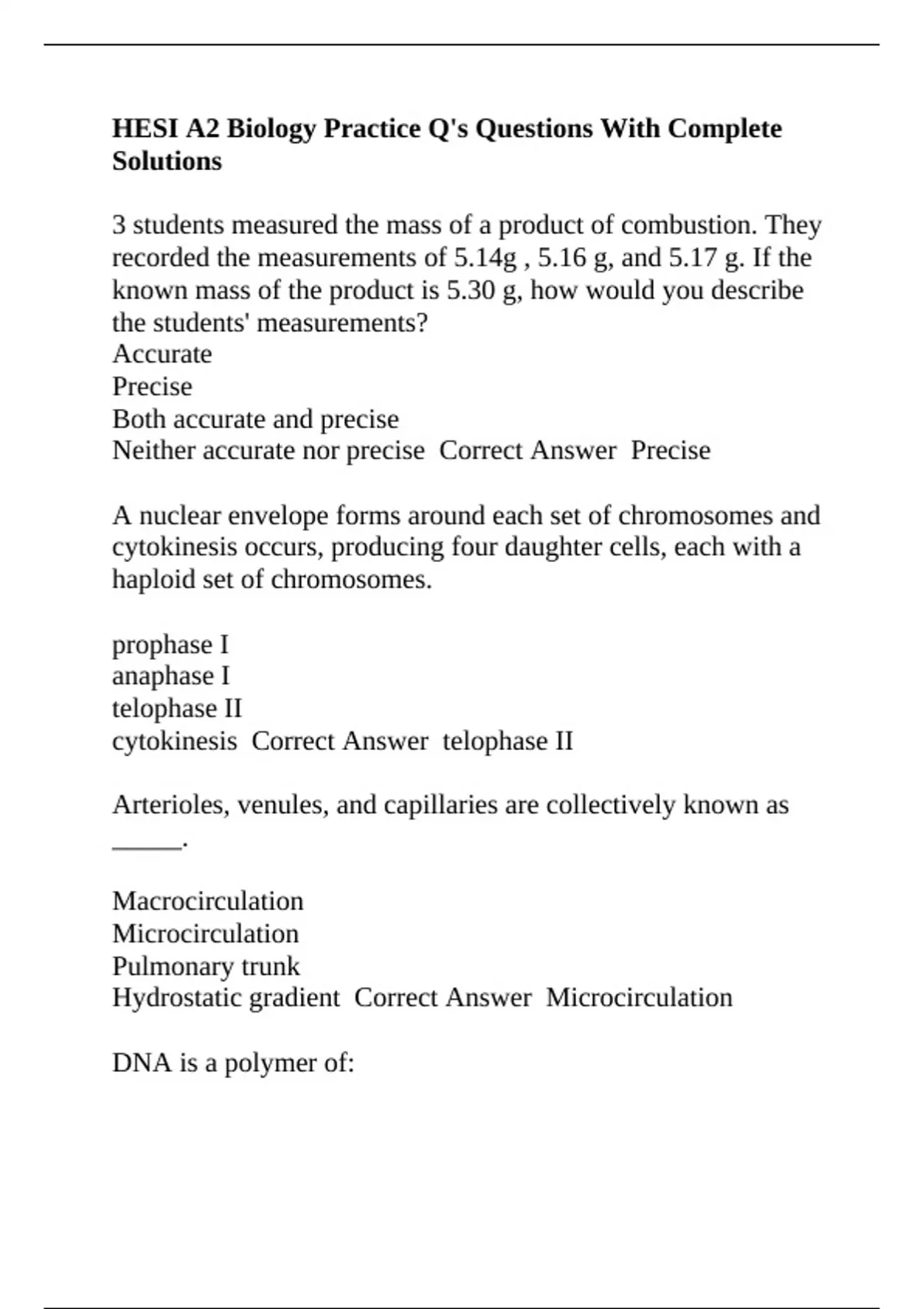 HESI A2 Biology Practice Q's Questions With Complete Solutions - Hesi ...