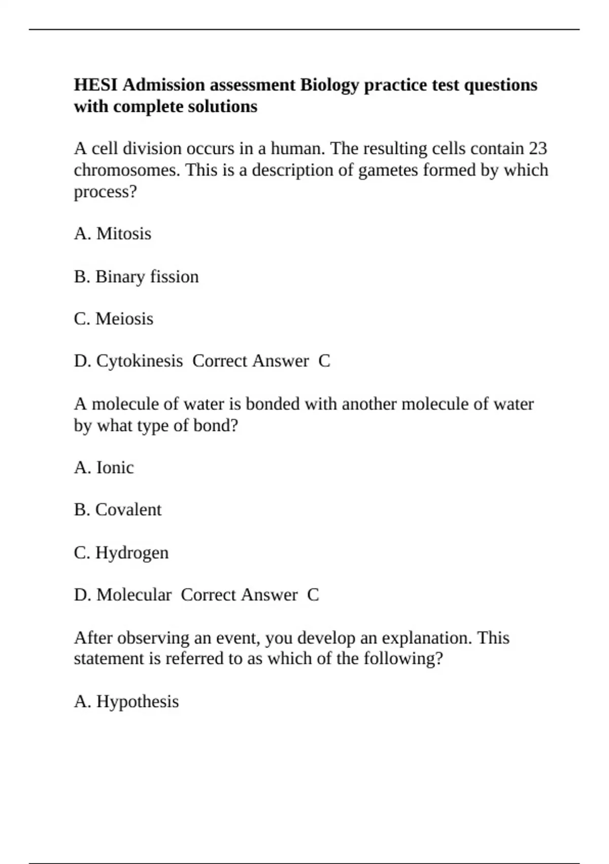 HESI Admission assessment Biology practice test questions with complete ...