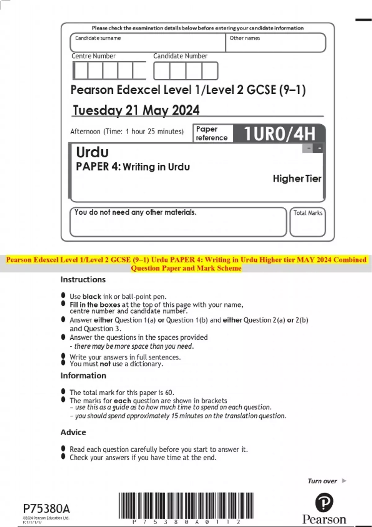 Pearson Edexcel Level 1/Level 2 GCSE (9–1) Urdu PAPER 4: Writing in ...