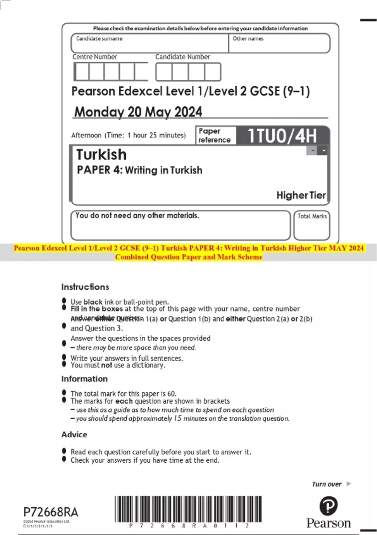 BUNDLE:::Pearson Edexcel Level 1/Level 2 GCSE (9–1) Turkish Combined ...