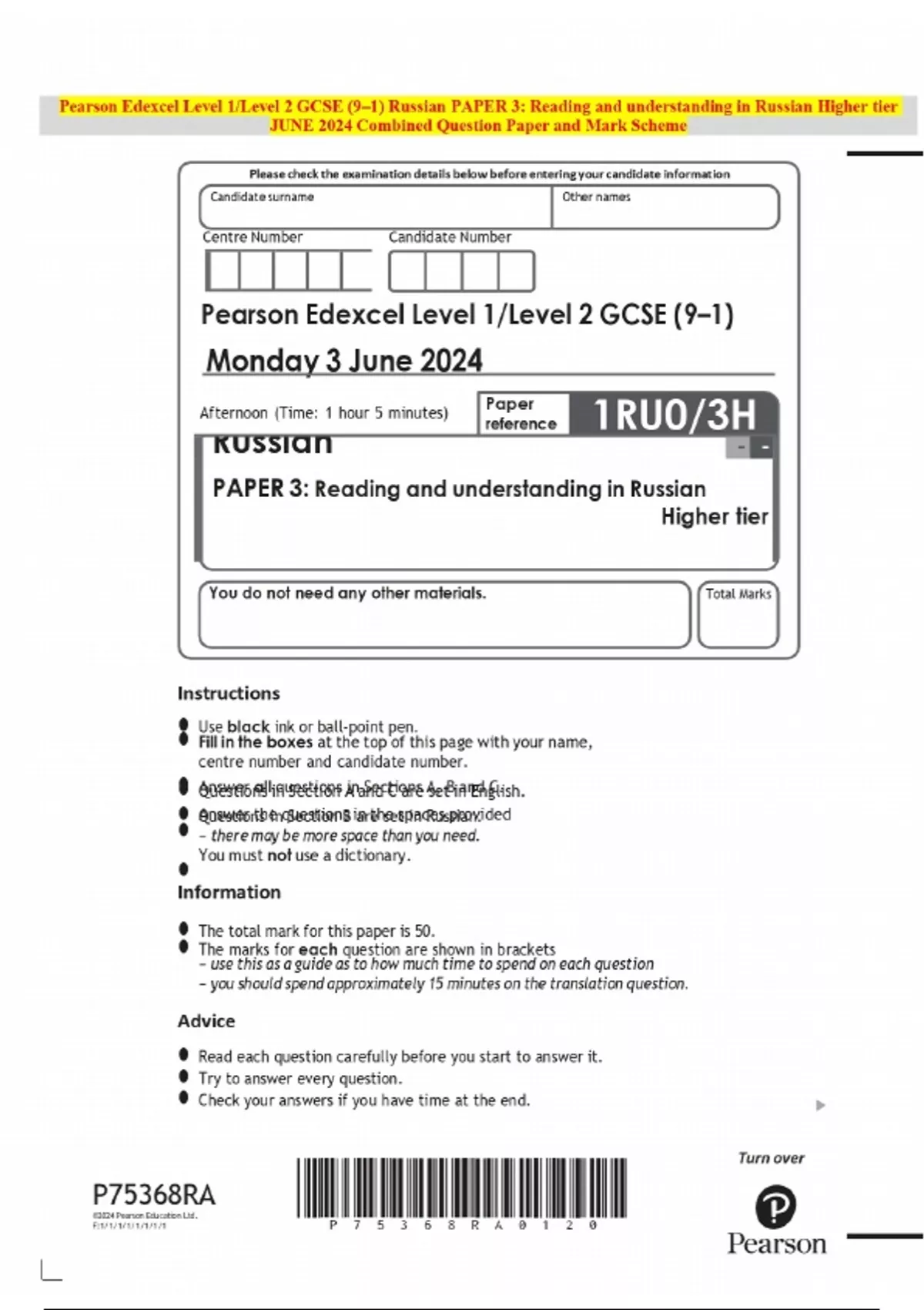 Pearson Edexcel Level 1/Level 2 GCSE (9–1) Russian PAPER 3: Reading and ...