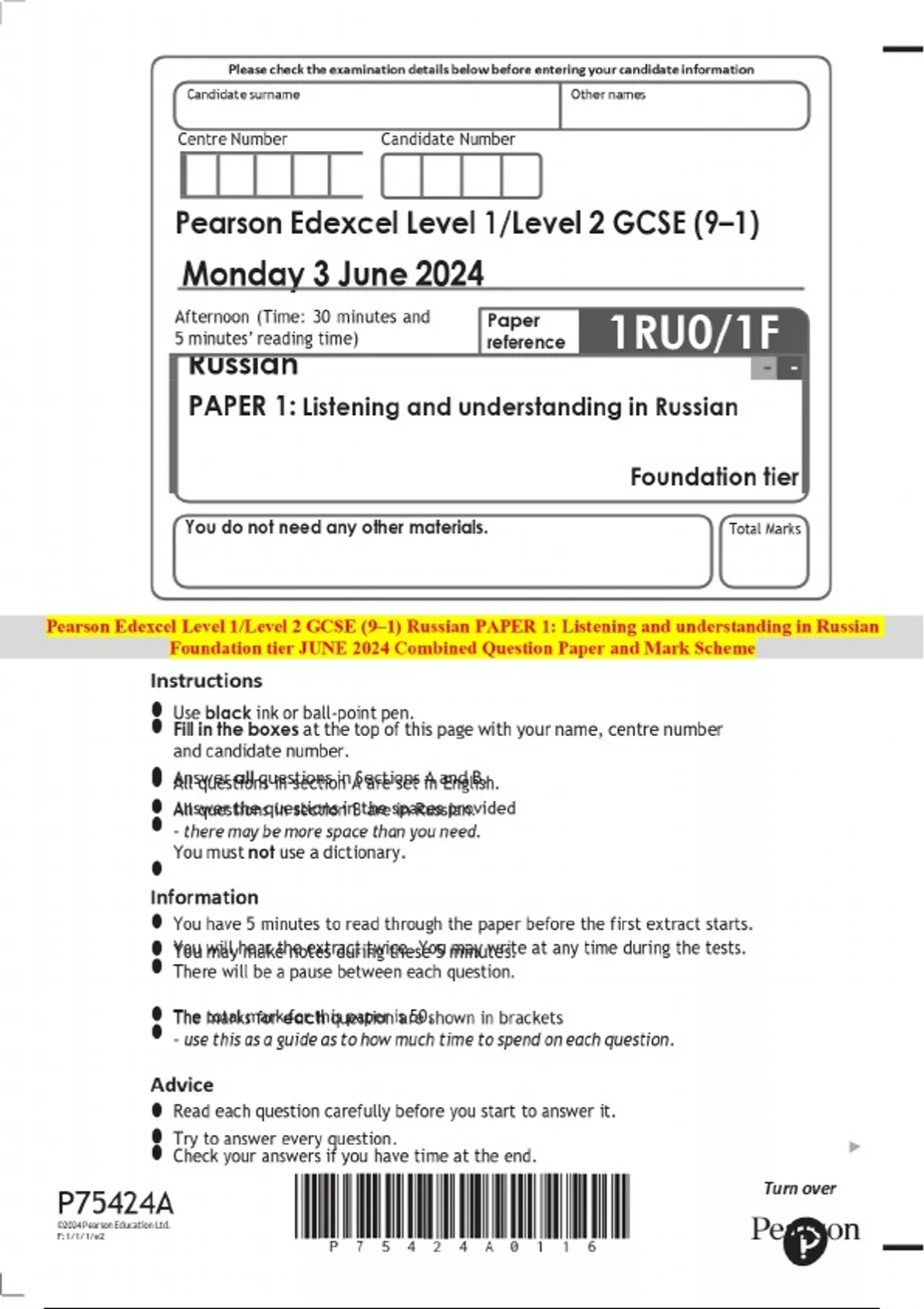Pearson Edexcel Level 1/Level 2 GCSE (9–1) Russian PAPER 1: Listening ...