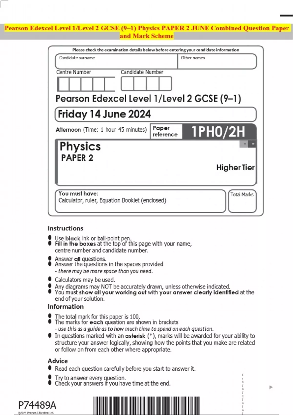 Pearson Edexcel Level 1/Level 2 GCSE (9–1) Physics PAPER 2 JUNE ...
