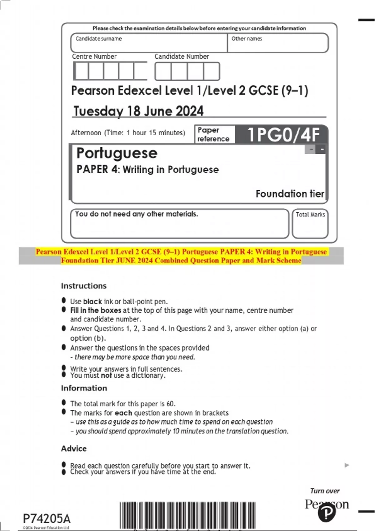 Pearson Edexcel Level 1/Level 2 GCSE (9–1) Portuguese PAPER 4: Writing ...