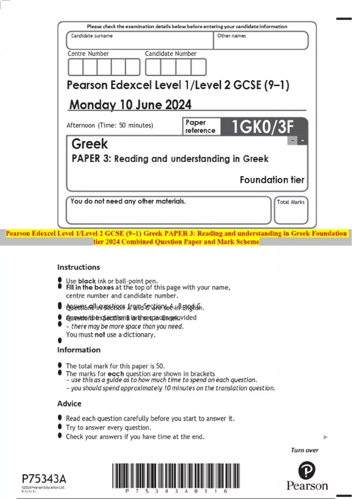 Pearson Edexcel Level 1/Level 2 GCSE (9–1) Greek PAPER 3: Reading and ...