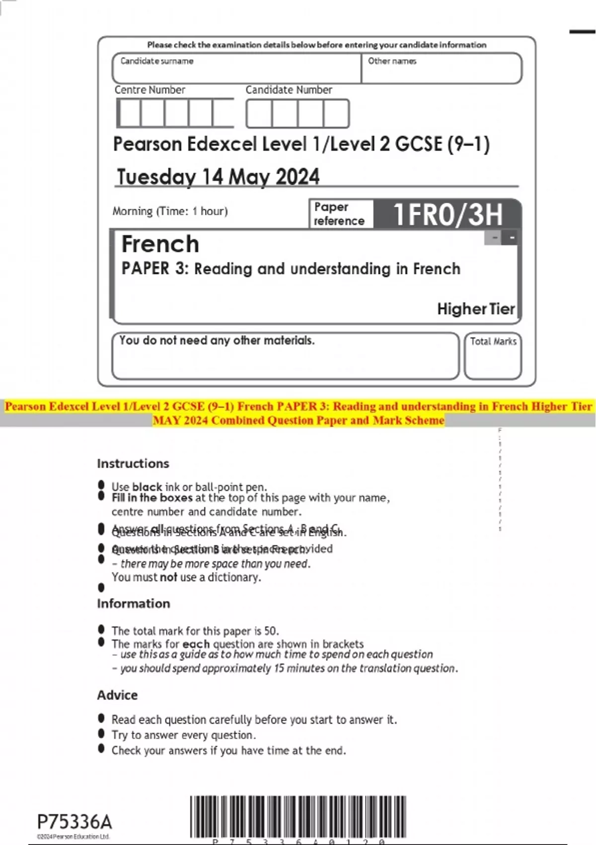 Pearson Edexcel Level 1/Level 2 GCSE (9–1) French PAPER 3: Reading and ...