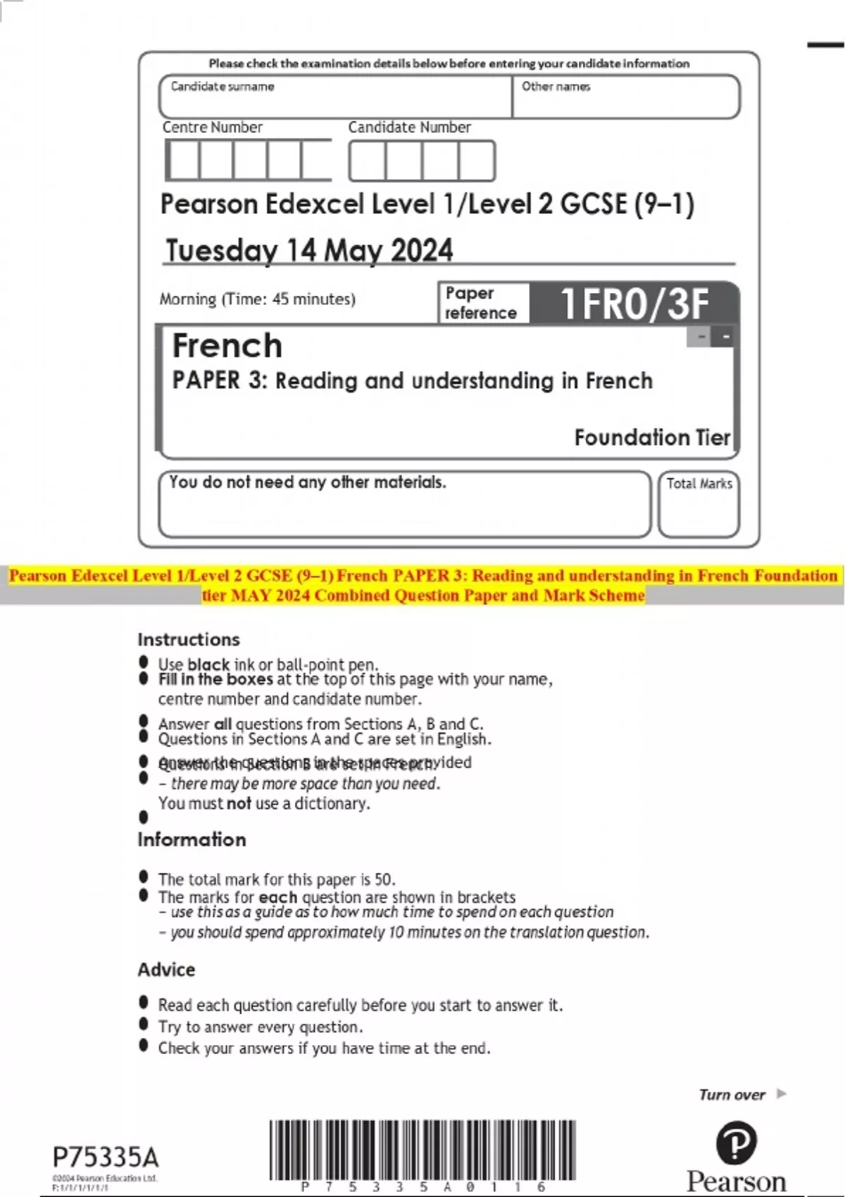 Pearson Edexcel Level 1/Level 2 GCSE (9–1) French PAPER 3: Reading and ...