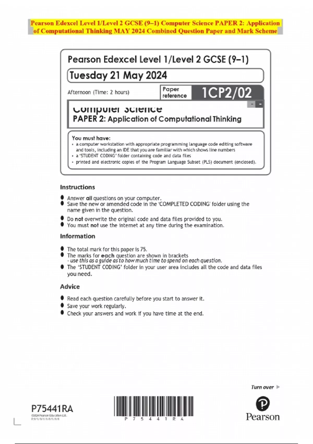 BUNDLE:::Pearson Edexcel Level 1/Level 2 GCSE (9–1) Computer Science Combined Question Paper and ...