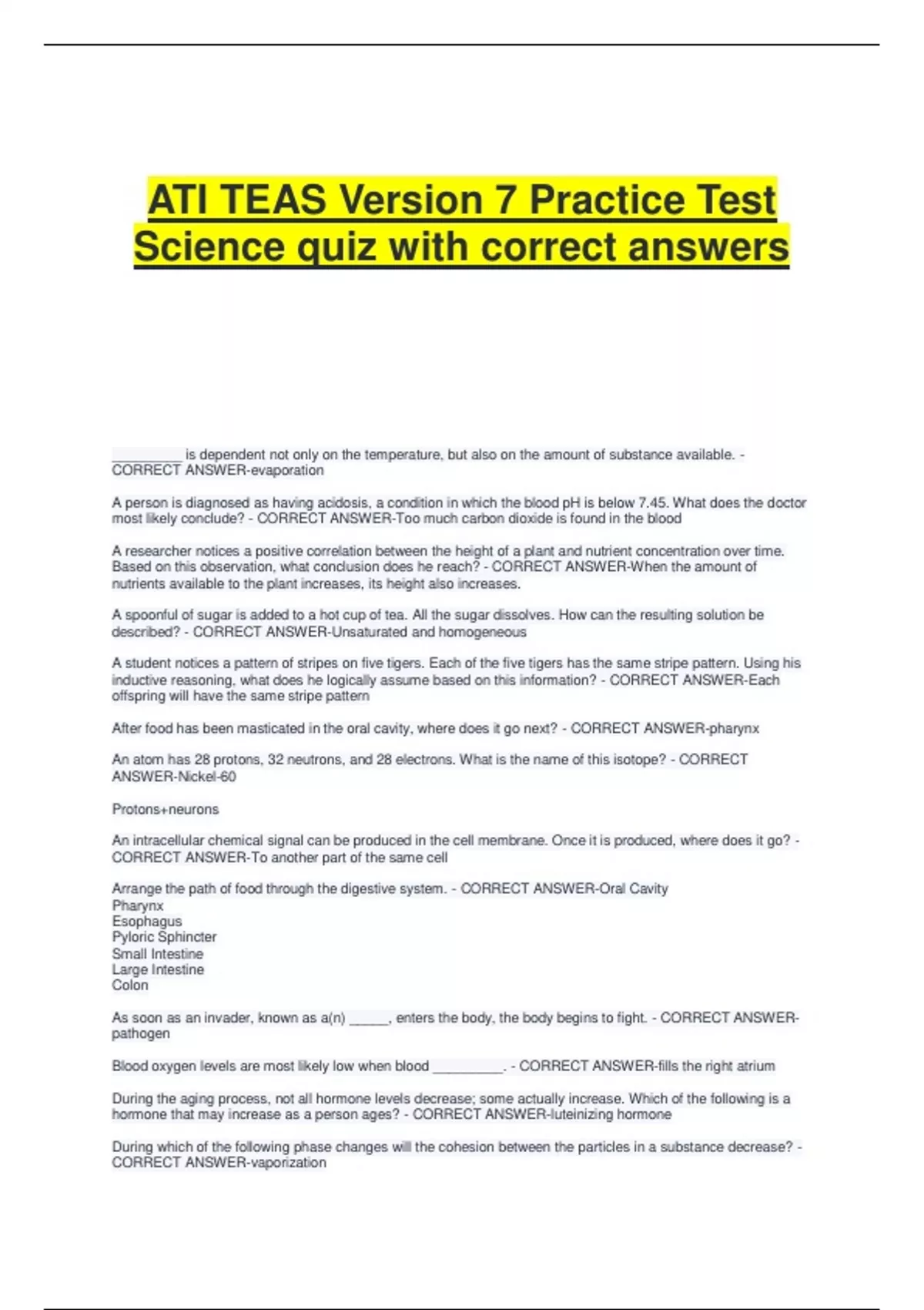 ATI TEAS Version 7 Practice Test Science quiz with correct answers ...