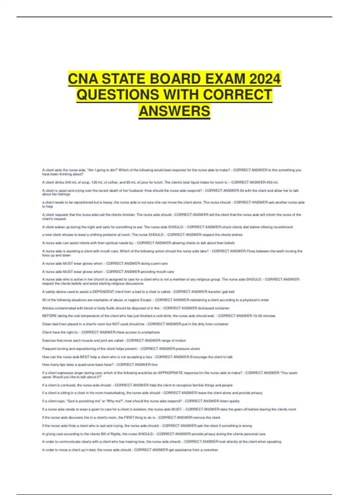 CNA STATE BOARD EXAM 2024 QUESTIONS WITH CORRECT ANSWERS - Real Estate ...