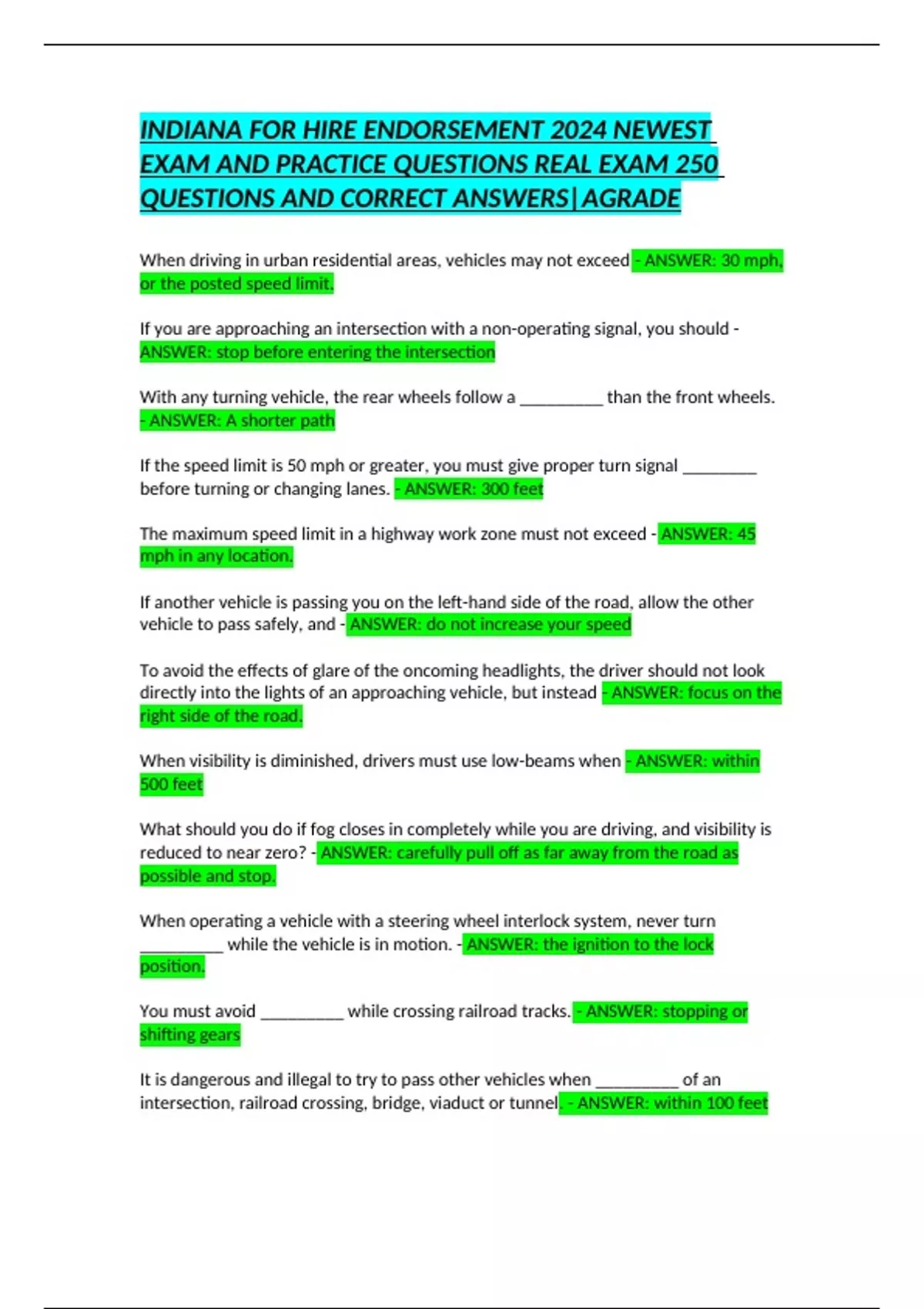 INDIANA FOR HIRE ENDORSEMENT 2024 NEWEST EXAM AND PRACTICE QUESTIONS ...