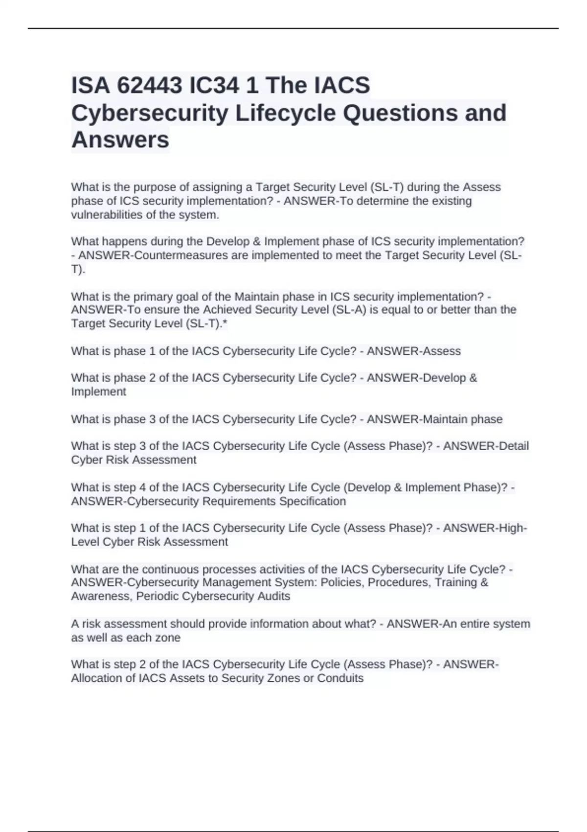 ISA 62443 IC34 1 The IACS Cybersecurity Lifecycle Questions and Answers ...