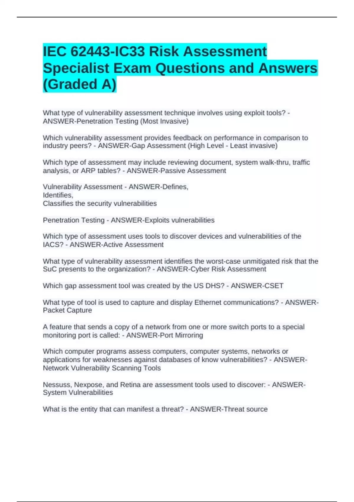 IEC 62443-IC33 Risk Assessment Specialist Exam Questions and Answers ...