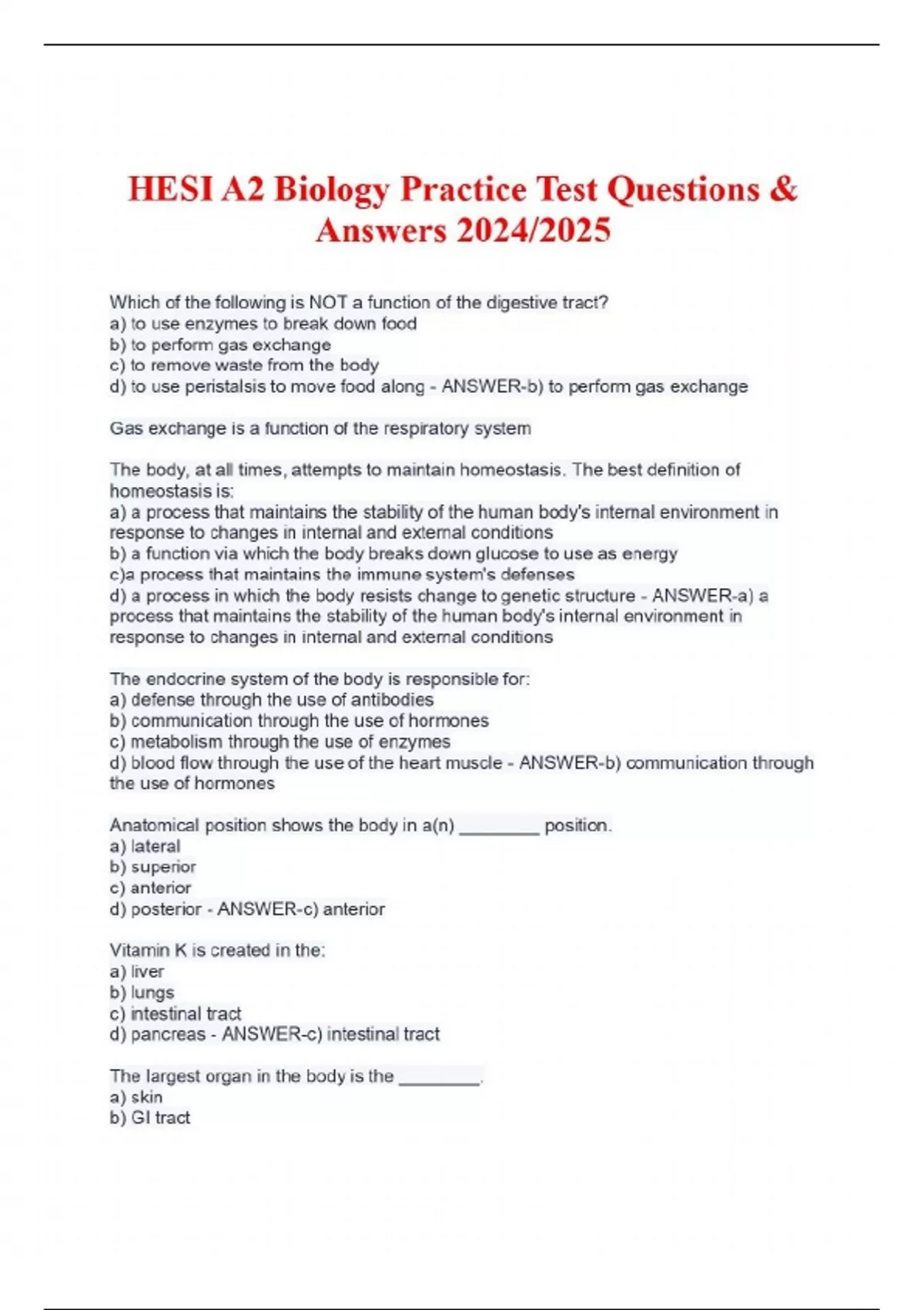 HESI A2 Biology Practice Test Questions & Answers 2024/2025 - HESI A2 ...