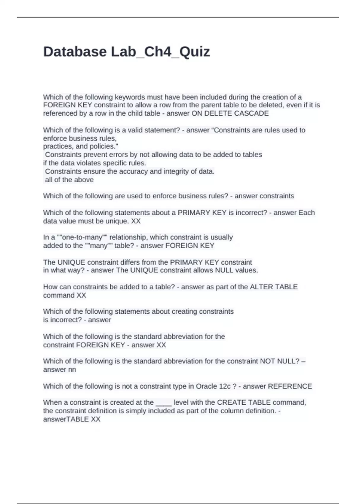 Database Lab_Ch4_Quiz Questions with Solutions 2024 - GFACT - Stuvia US