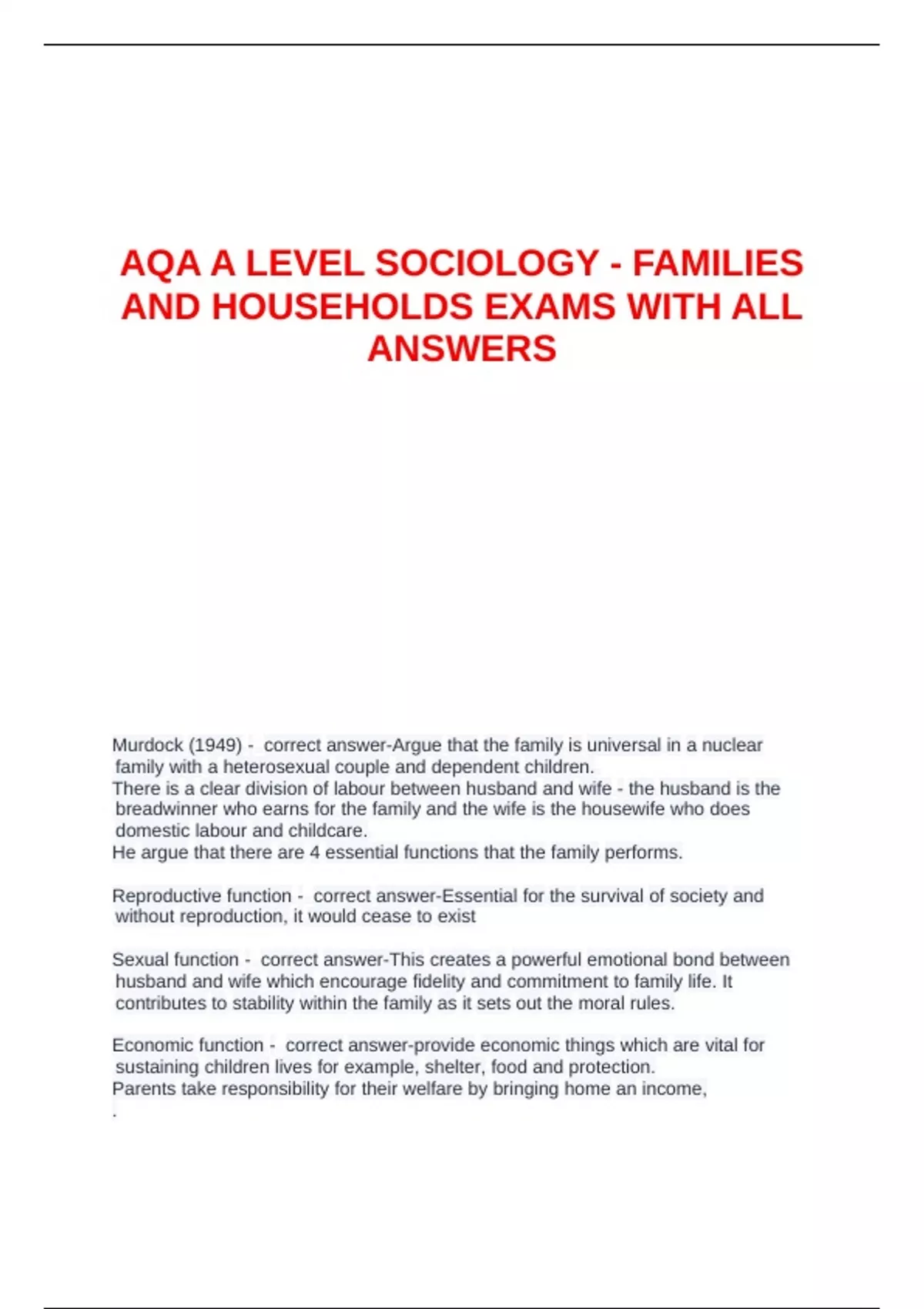 AQA A LEVEL SOCIOLOGY - FAMILIES AND HOUSEHOLDS EXAMS WITH ALL ANSWERS ...