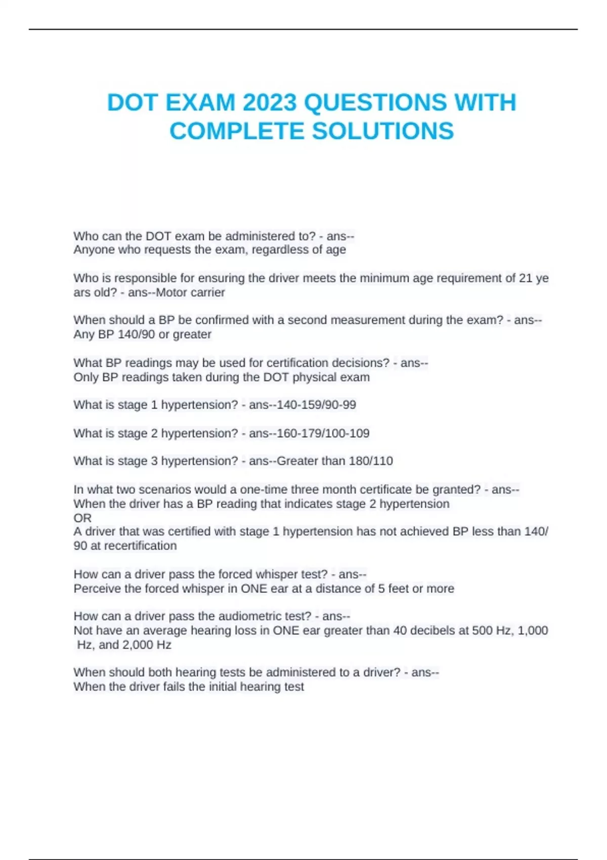 DOT EXAM 2023 QUESTIONS WITH COMPLETE SOLUTIONS - Dot - Stuvia US