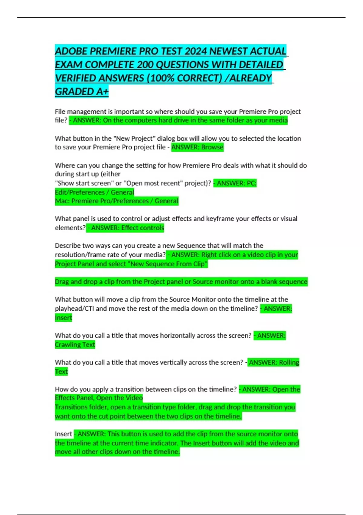 ADOBE PREMIERE PRO TEST 2024 NEWEST ACTUAL EXAM COMPLETE 200 QUESTIONS ...