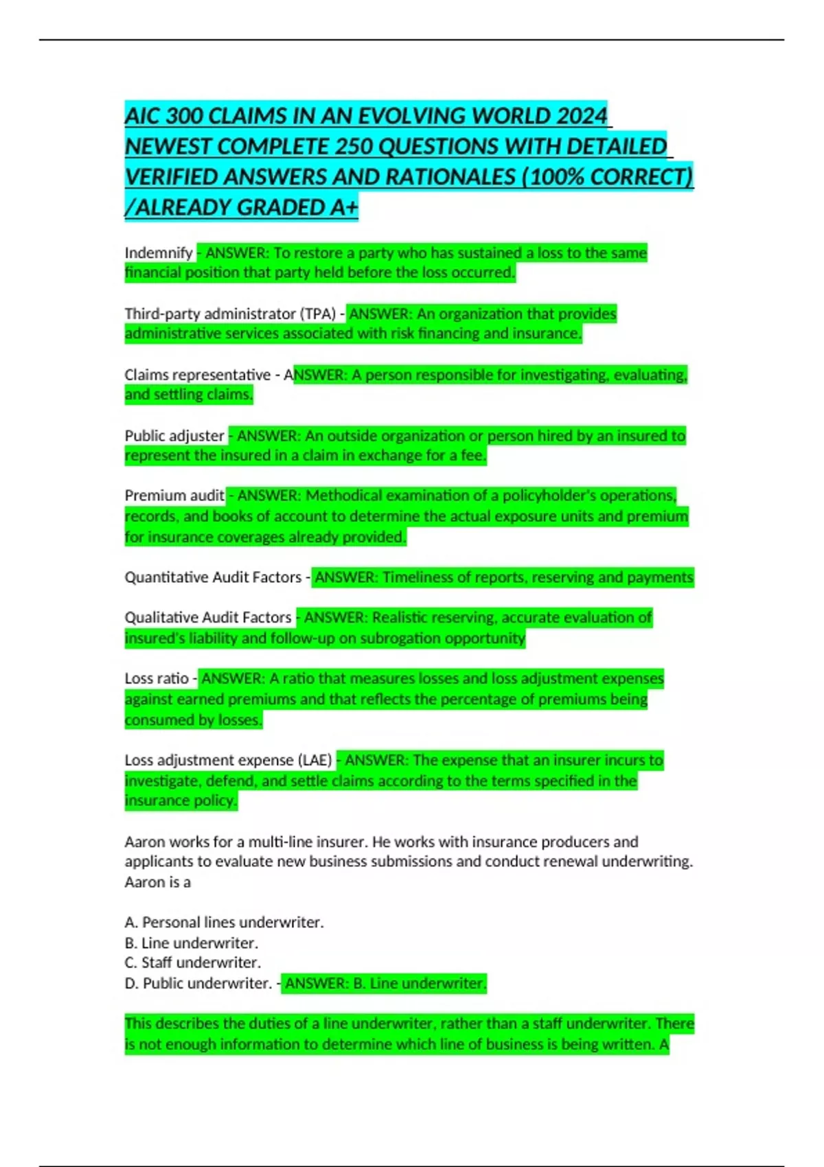 AIC 300 CLAIMS IN AN EVOLVING WORLD 2024 NEWEST COMPLETE 250 QUESTIONS ...