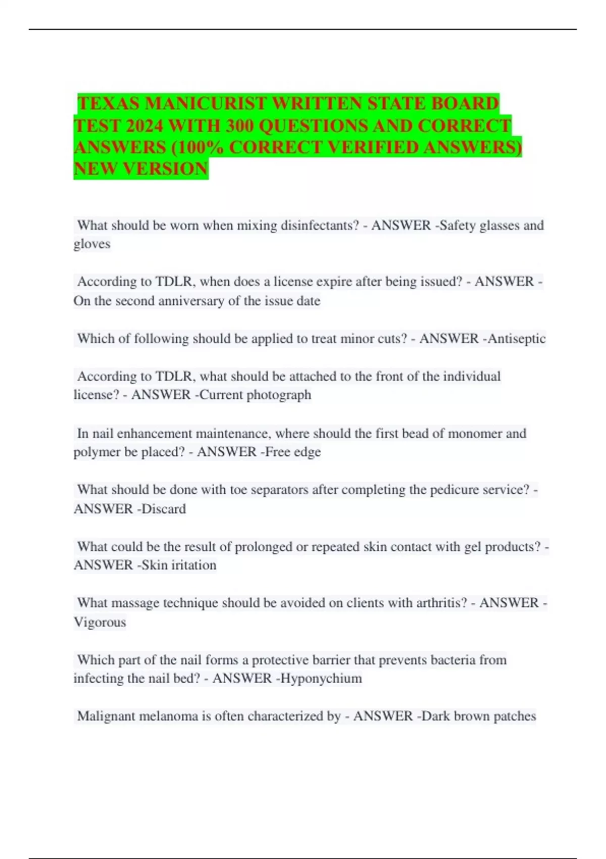 TEXAS MANICURIST WRITTEN STATE BOARD TEST 2024 WITH 300 QUESTIONS AND ...