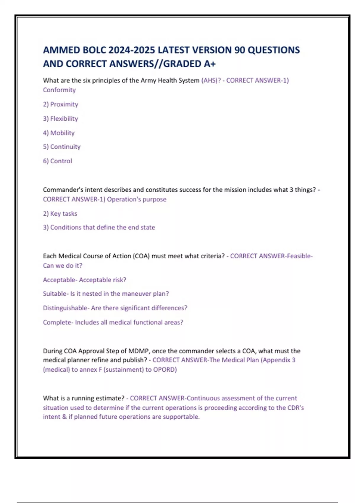 AMMED BOLC LATEST VERSION 90 QUESTIONS AND CORRECT ANSWERS//GRADED A+ ...