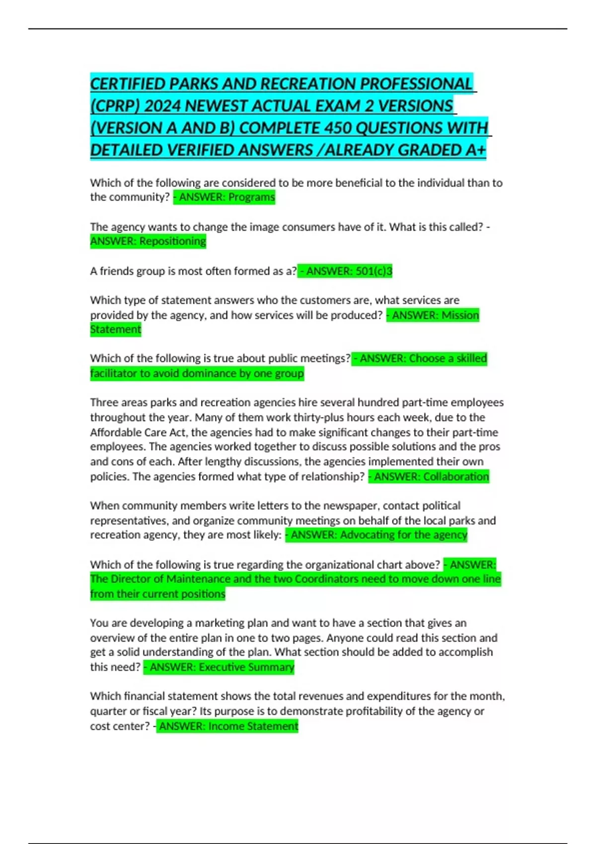 CERTIFIED PARKS AND RECREATION PROFESSIONAL (CPRP) 2024 NEWEST ACTUAL ...