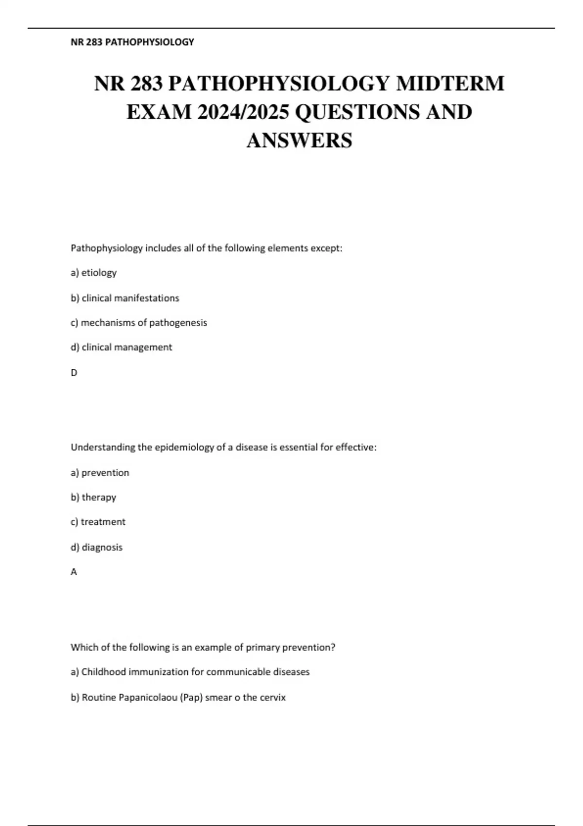 NR 283 PATHOPHYSIOLOGY MIDTERM EXAM 2024/2025 QUESTIONS AND ANSWERS ...