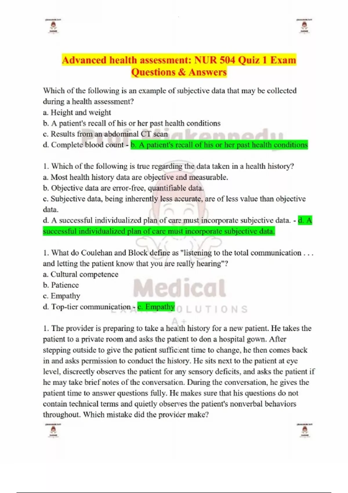 Advanced health assessment: NUR 504 Quiz 1 Exam Questions & Answers ...