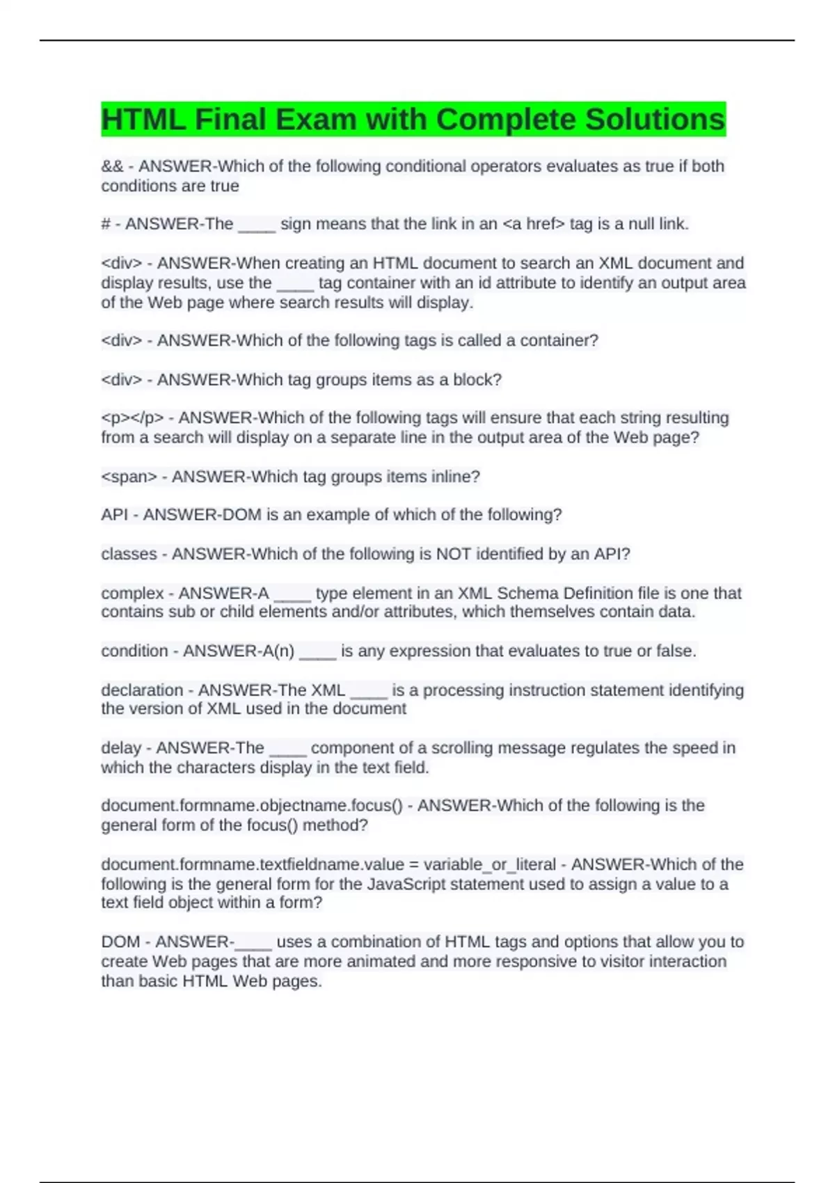 HTML Final Exam with Complete Solutions - HTML - Stuvia US