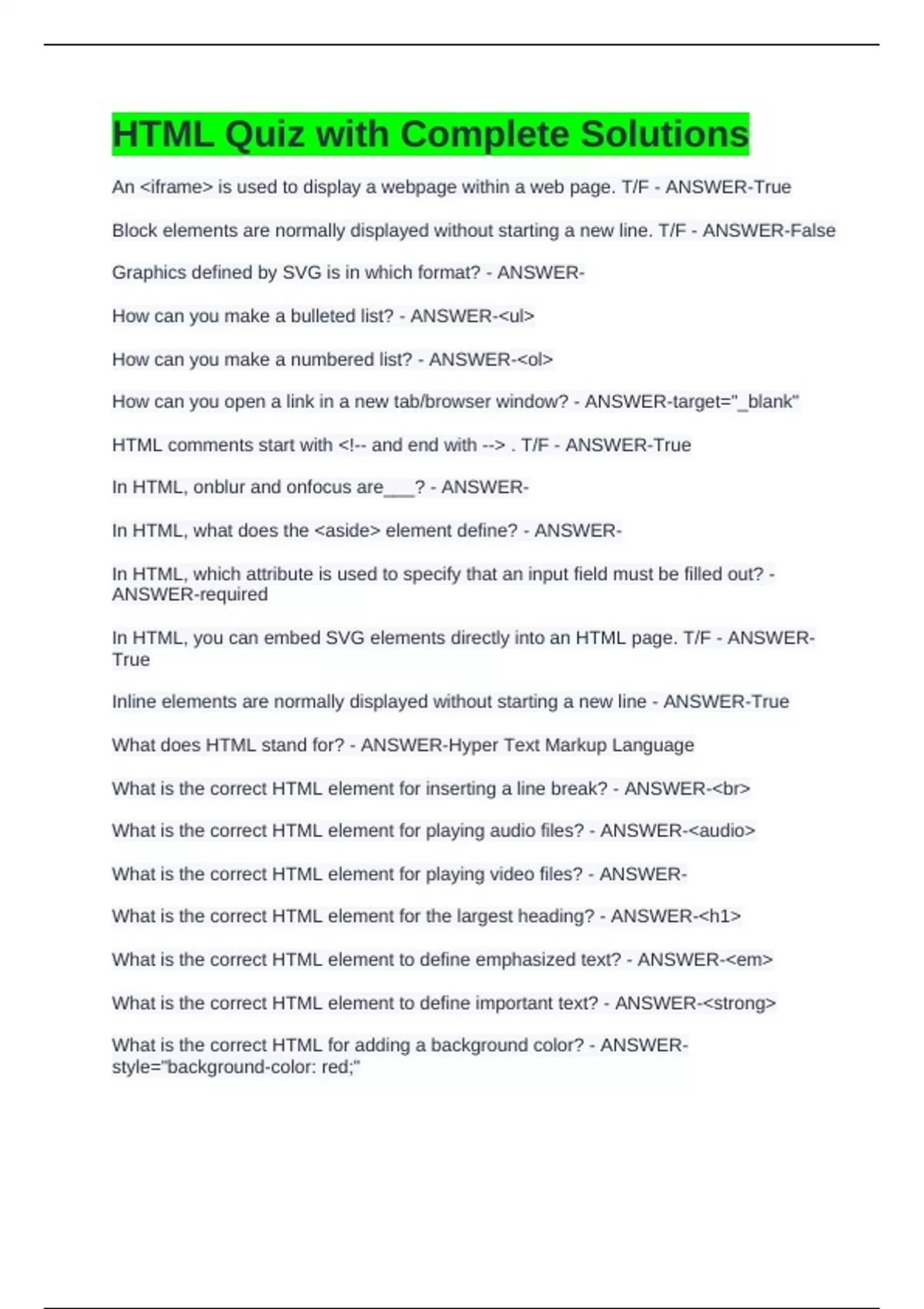 HTML Quiz with Complete Solutions - HTML - Stuvia US