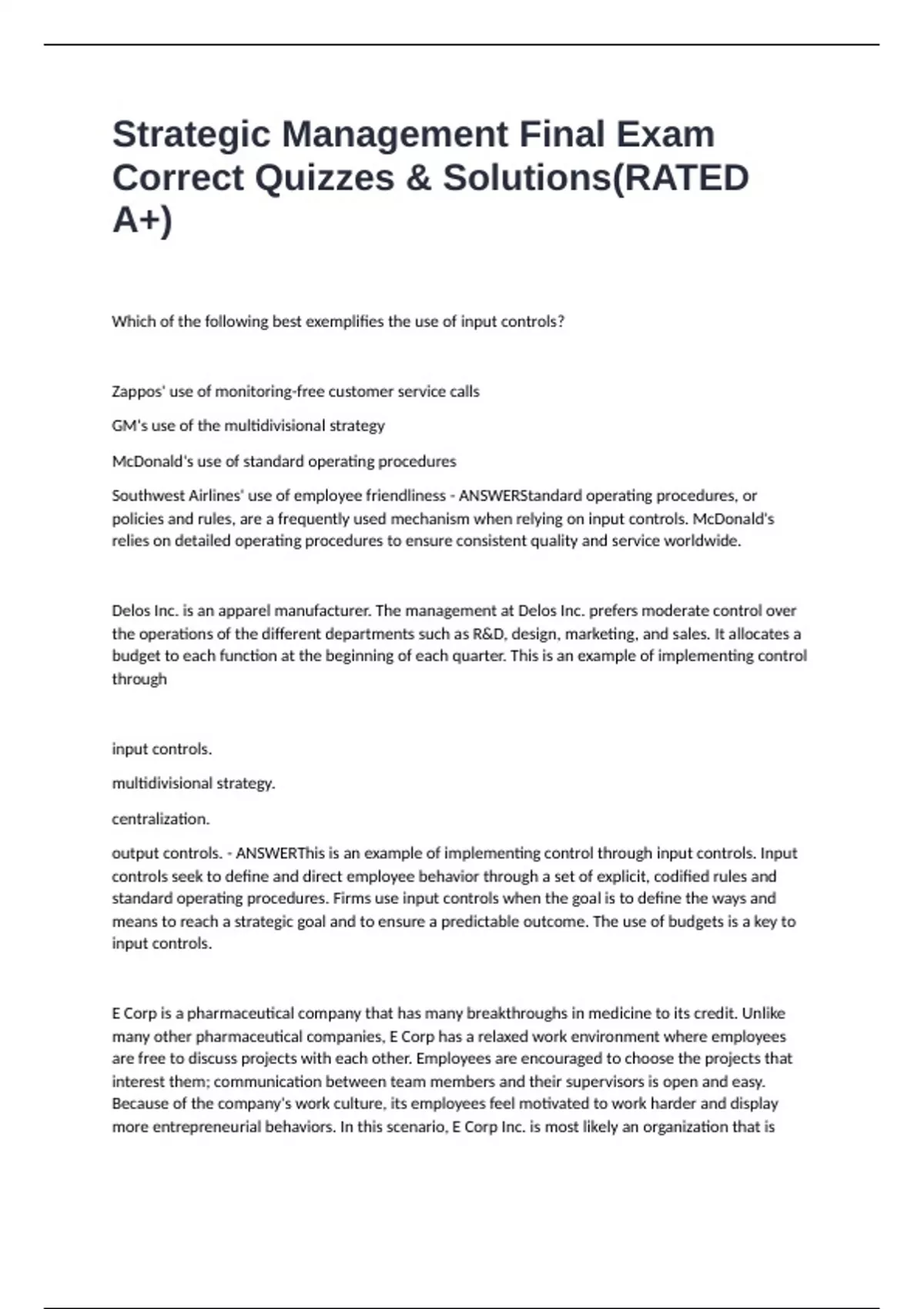 Strategic Management Final Exam Correct Quizzes & Solutions(RATED A+ ...