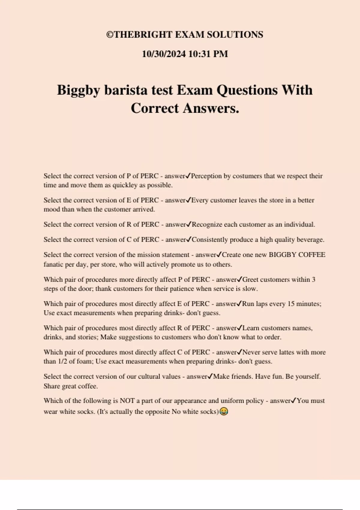 Biggby barista test Exam Questions With Correct Answers. - Biggby ...