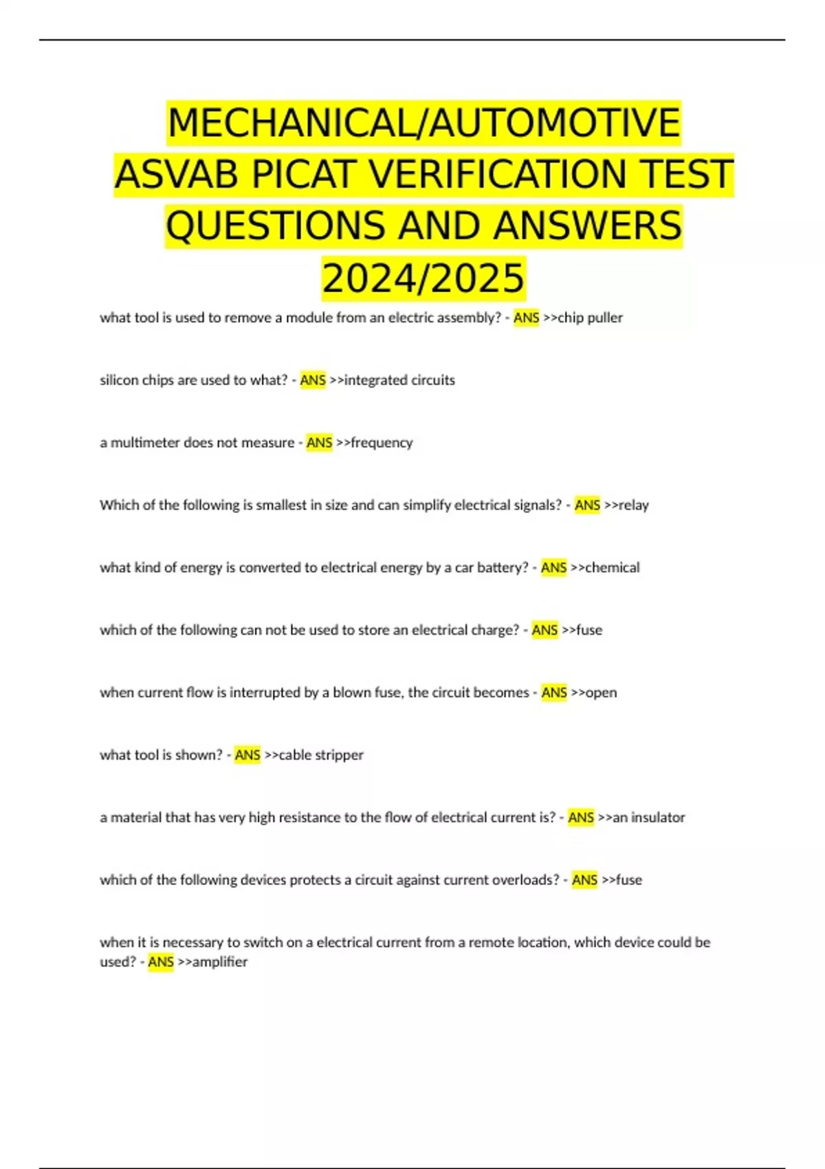 MECHANICAL/AUTOMOTIVE ASVAB PICAT VERIFICATION TEST QUESTIONS AND ...